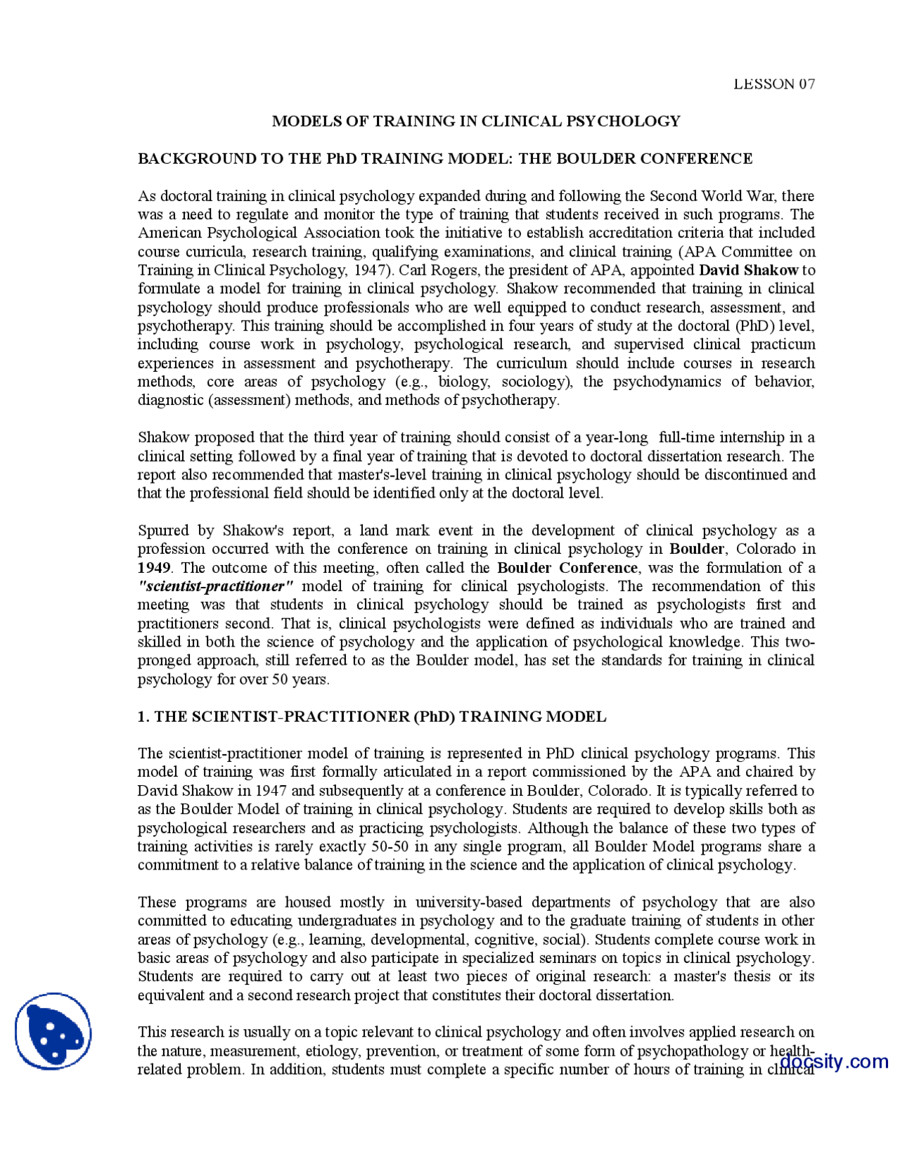The Boulder Conference Clinical Psycology Lecture Handout Exercises