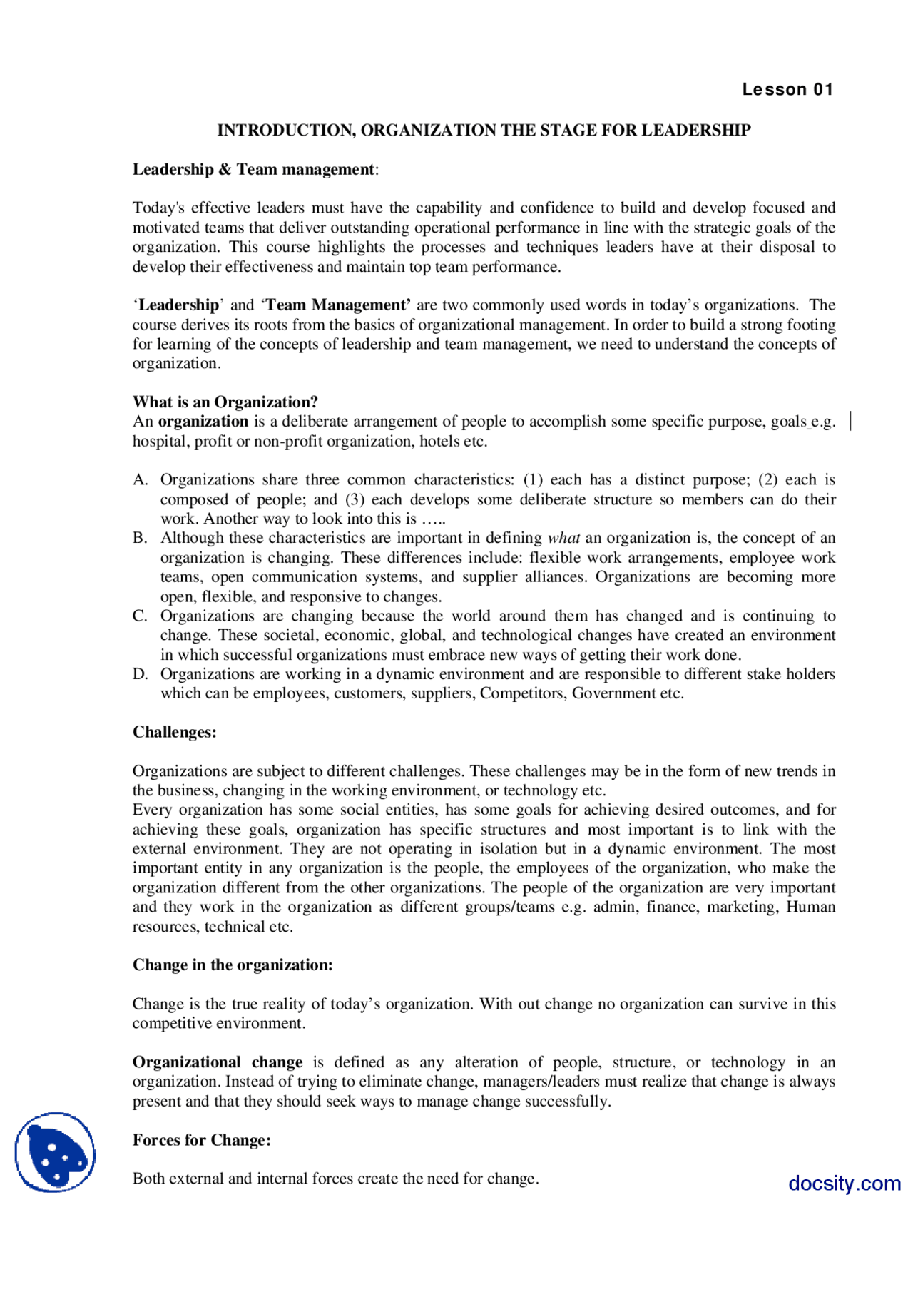 Introduction Leadership And Team Managment Lecture Handout Docsity