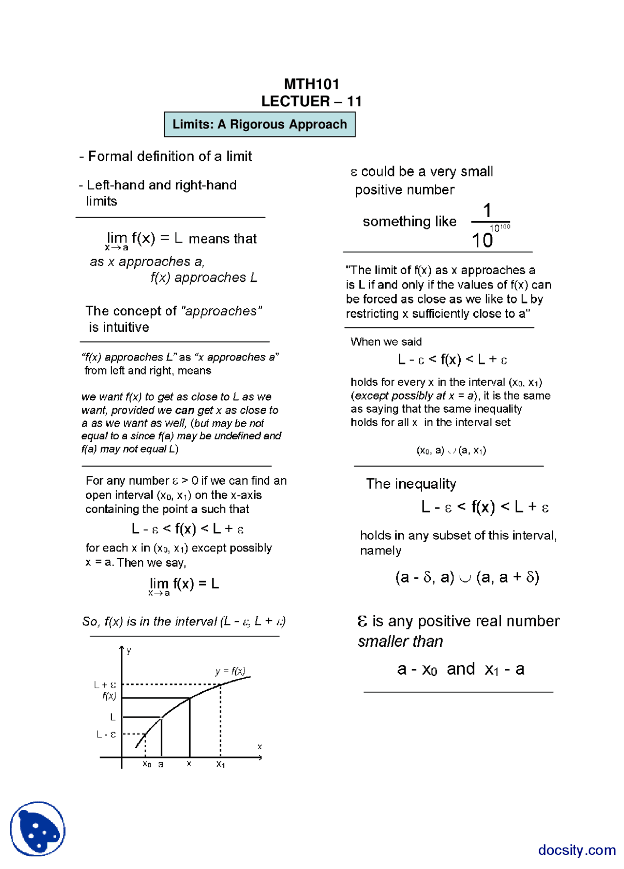 Limits A Rigorous Approach General Mathematics Lecture Handout Docsity