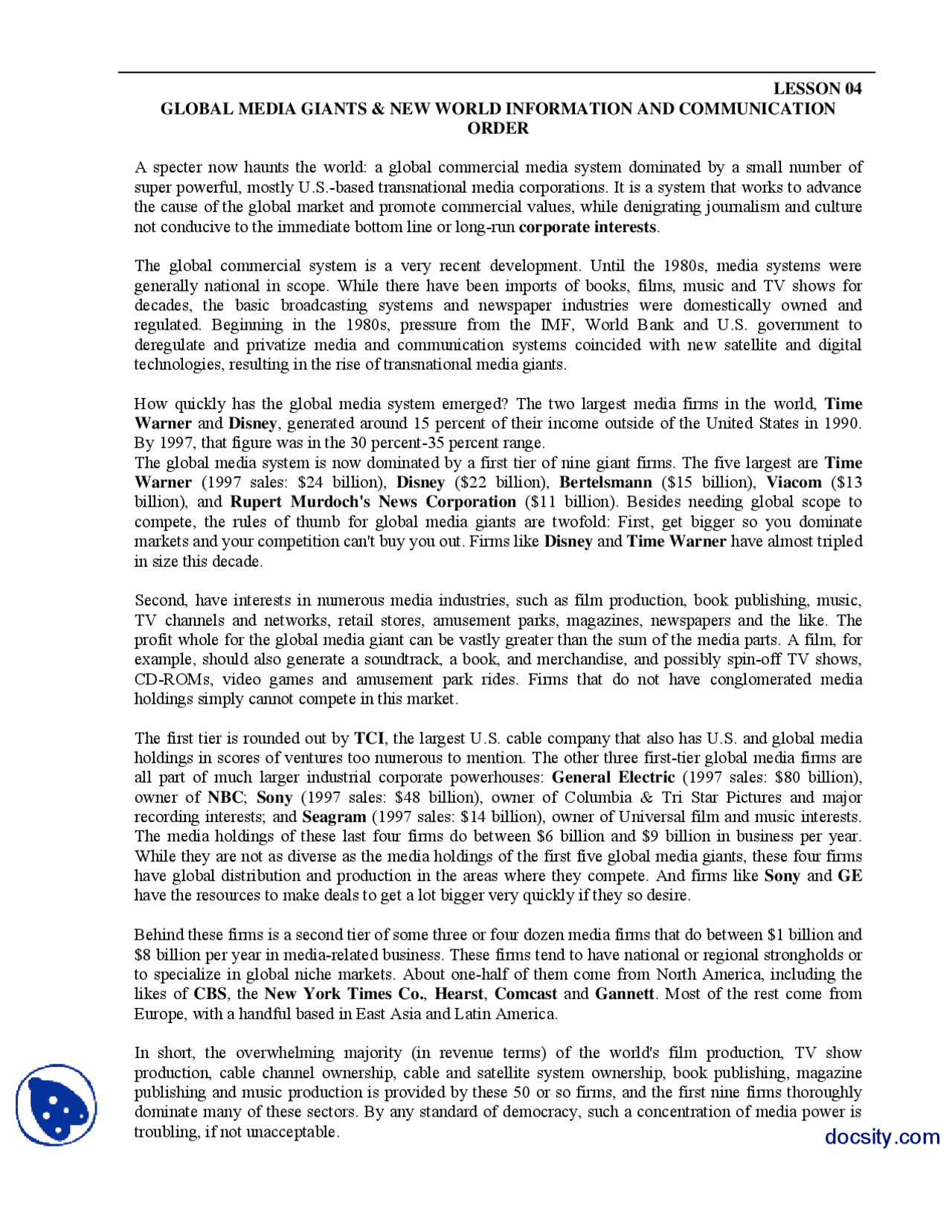 Corporate Interests-Contemporary Mass Media-Lecture Handout - Docsity