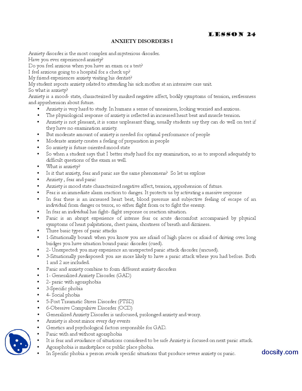 Anxiety Disorder Part 1 Abnormal Psycology Lecture Handout Docsity