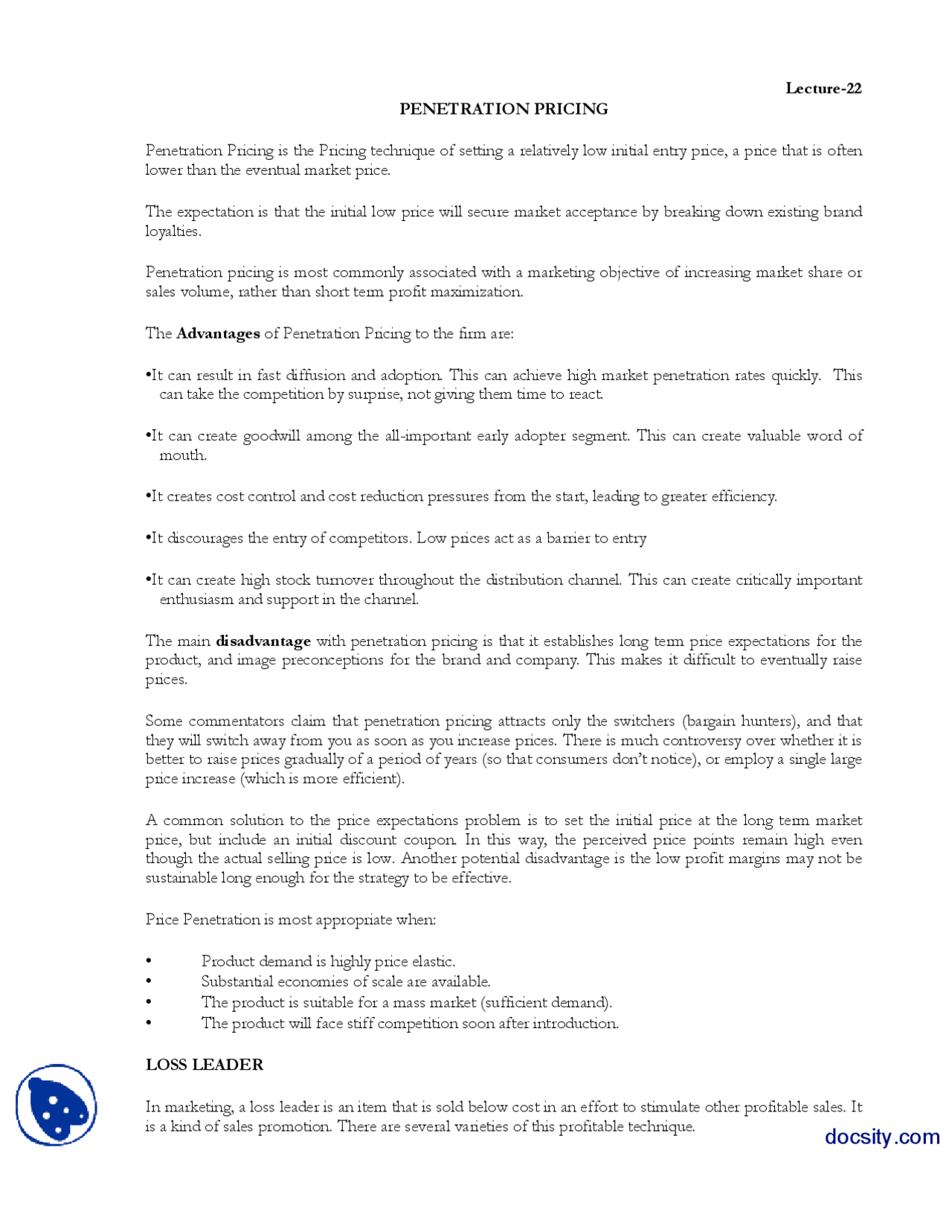 Penetration Pricing Marketing Managment Lecture Handout Docsity