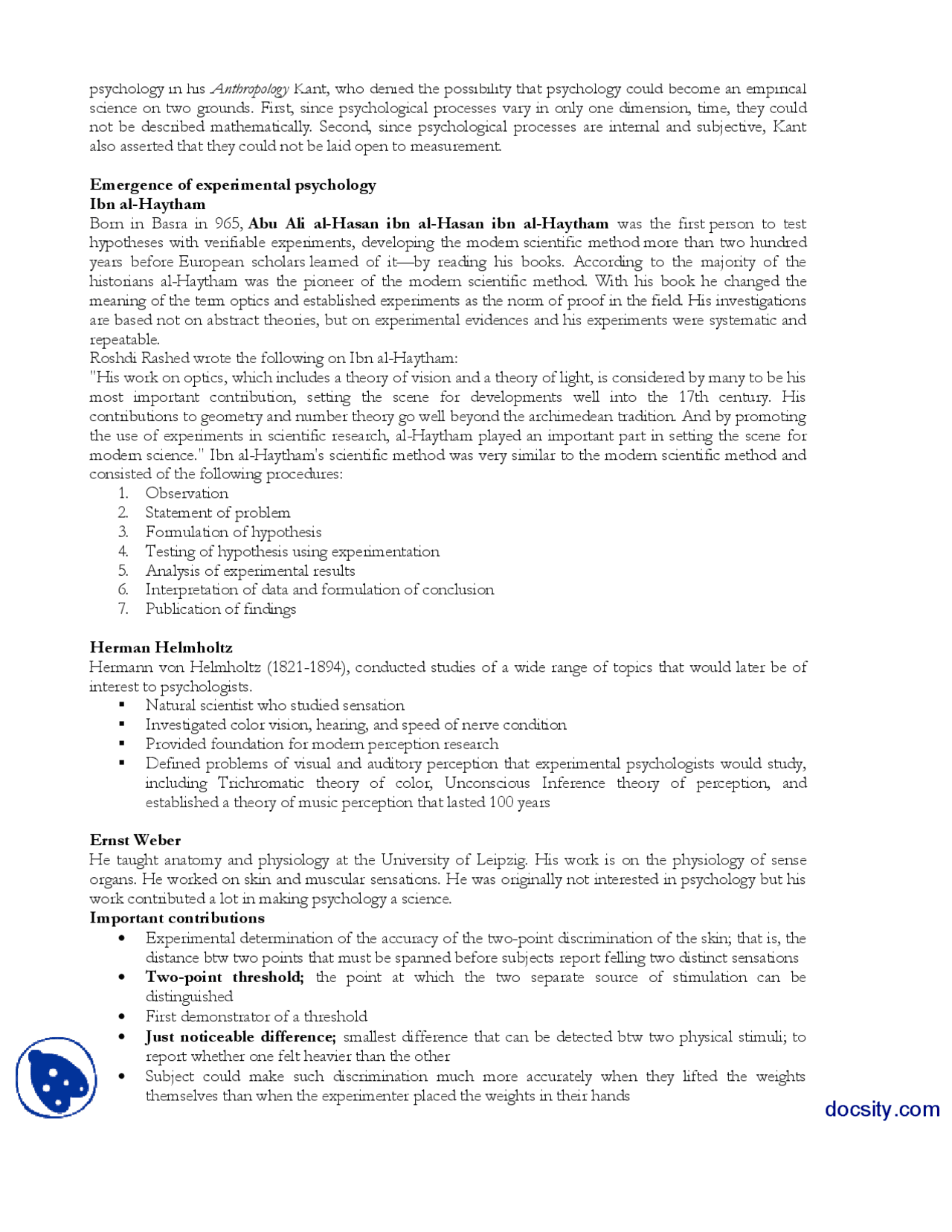 Ibn Al Haytham Experimental Psycology Lecture Handout Docsity