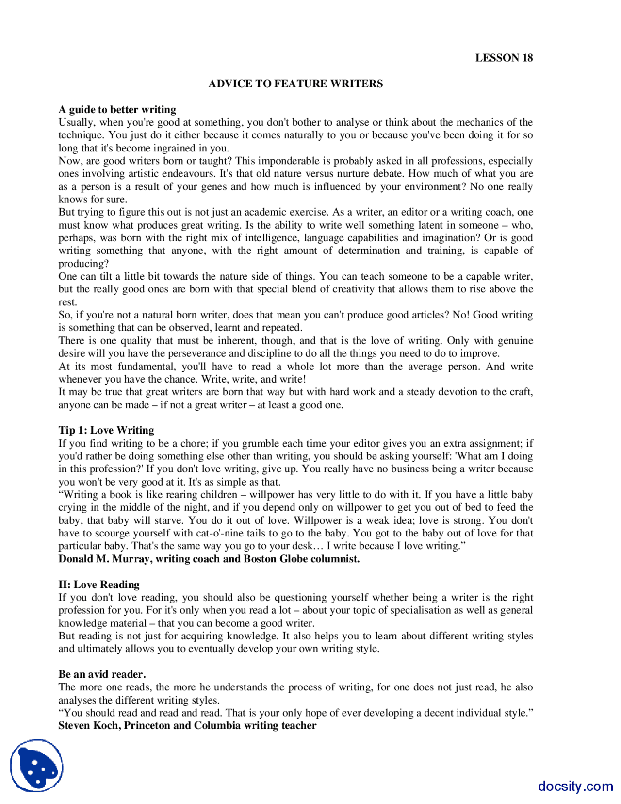 Feature Writers Feature And Coloumn Writing Lecture Handout Docsity