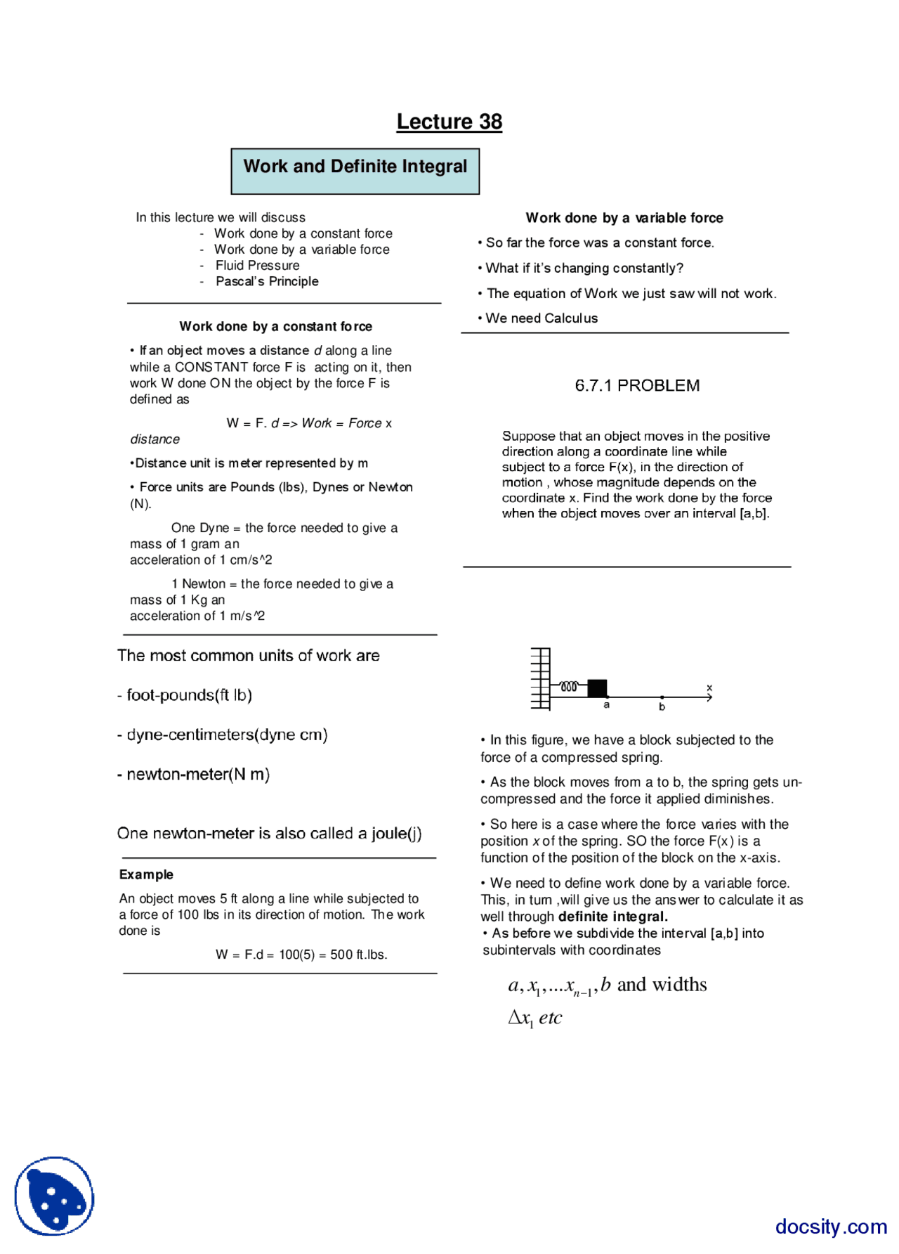 Work And Definite Integral General Mathematics Lecture Handout Docsity