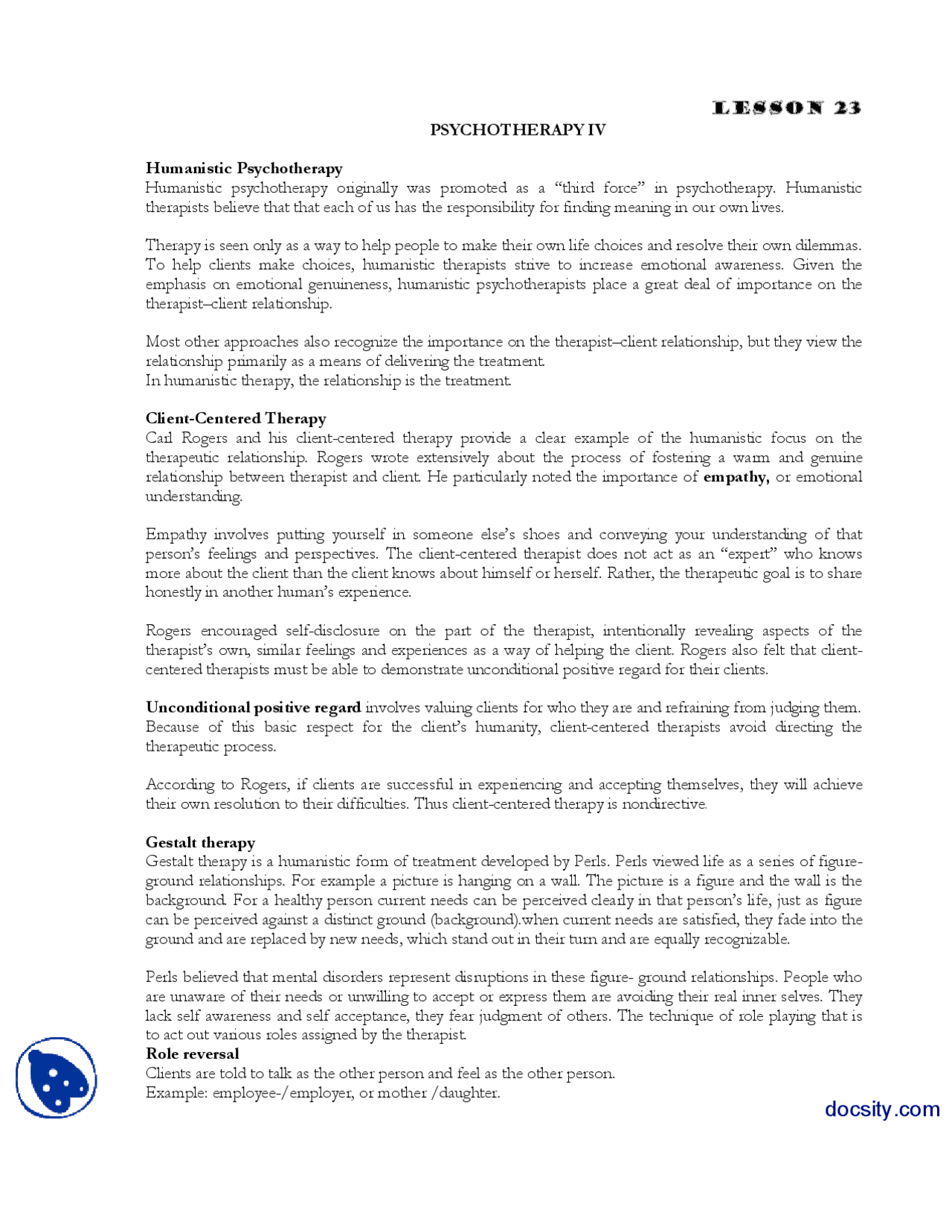 Psychotherapy Part 4 Abnormal Psycology Lecture Handout Docsity