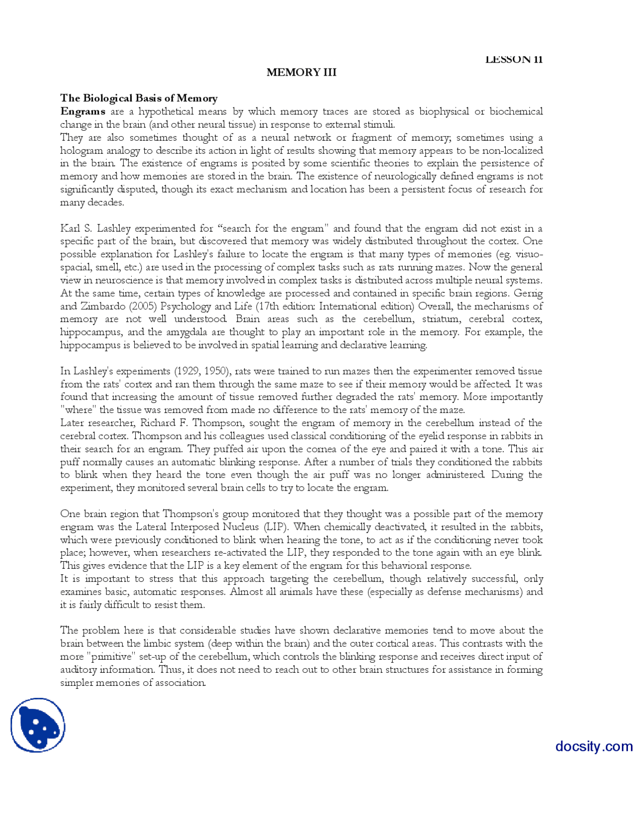 Memory Part 3 Experimental Psycology Lecture Handout Docsity