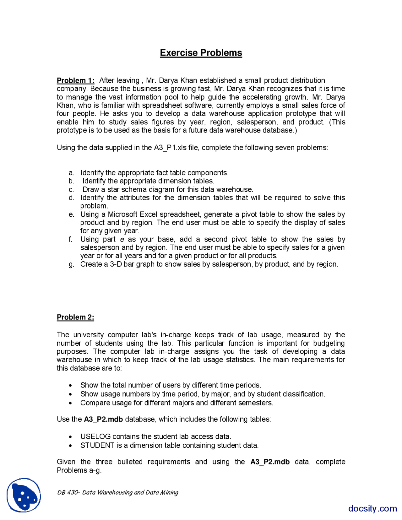 Exercise Problems-Data Warehouse-Assignment | Exercises Data ...