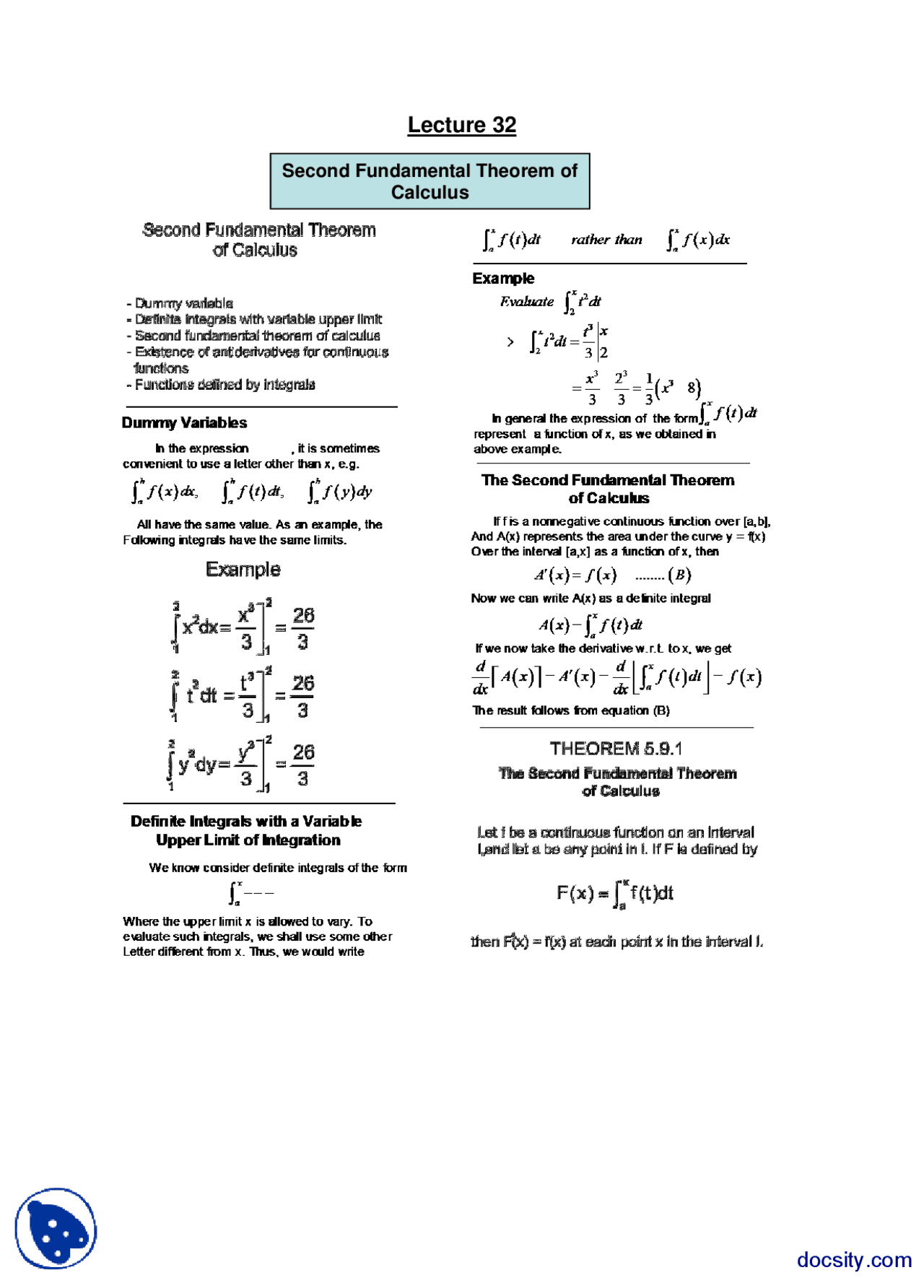 Second Fundamental Theorem Of Calculus General Mathematics Lecture