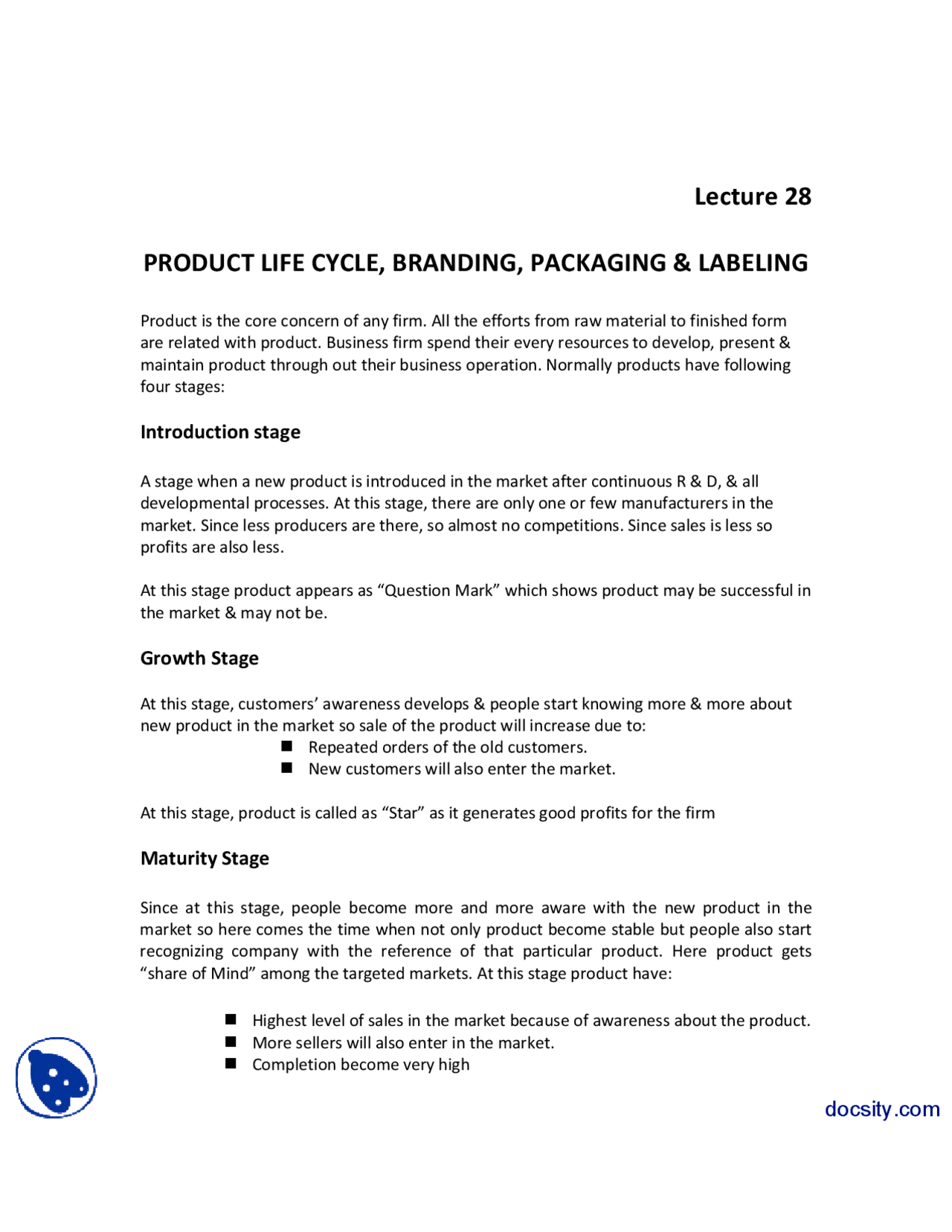 Product Cycle-Introduction to Business-Lecture Handout - Docsity