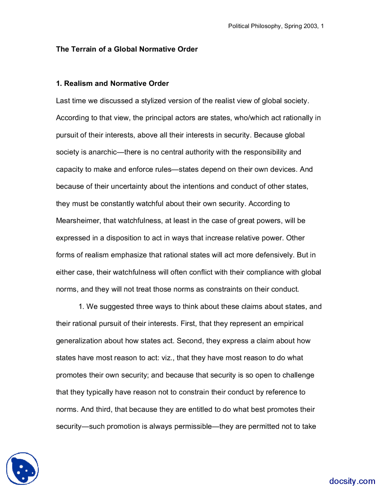 The Terrain of a Global Normative Order-Political Philosophy-Lecture Handout | Exercises ...