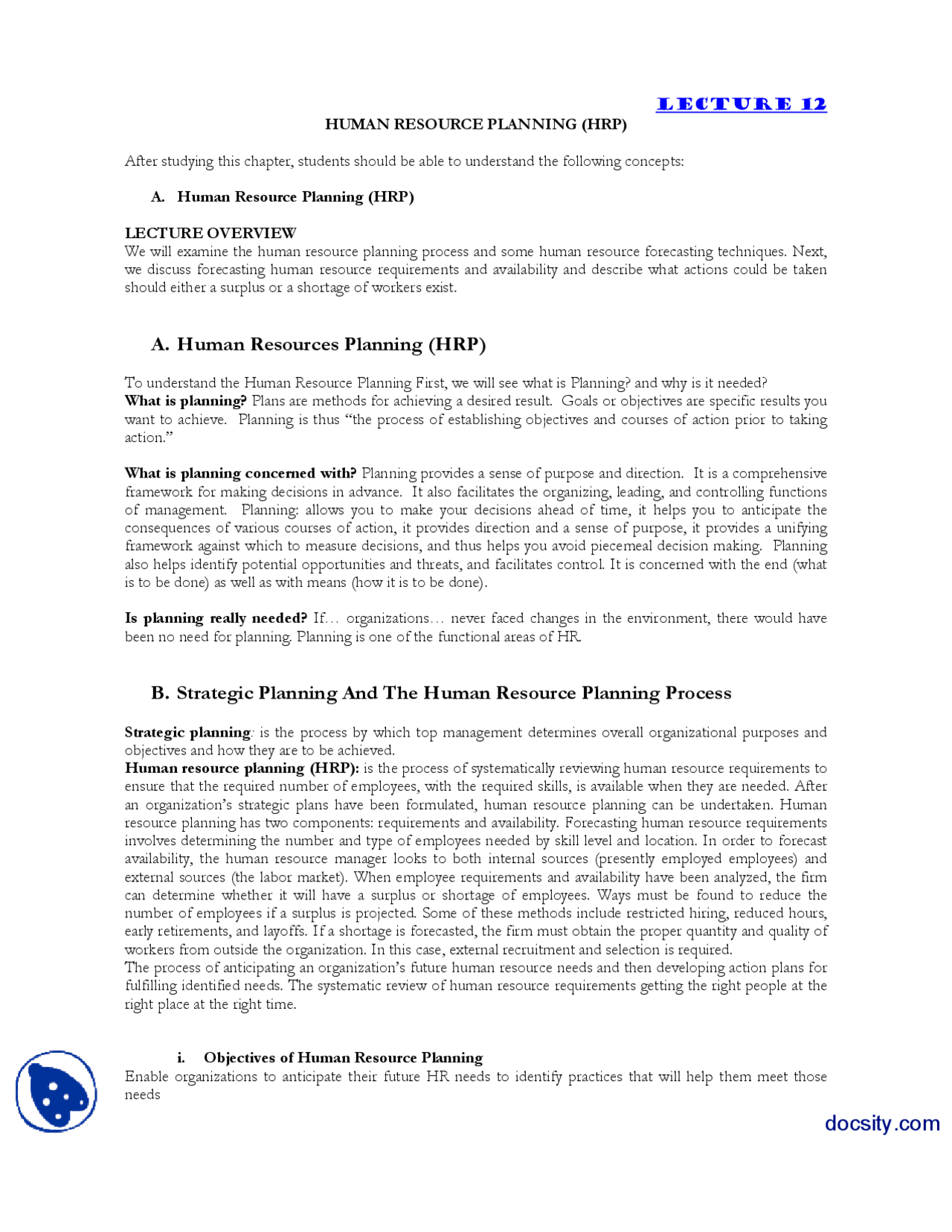 Human Resource Planing Hrp Human Resource Managment Lecture Handout