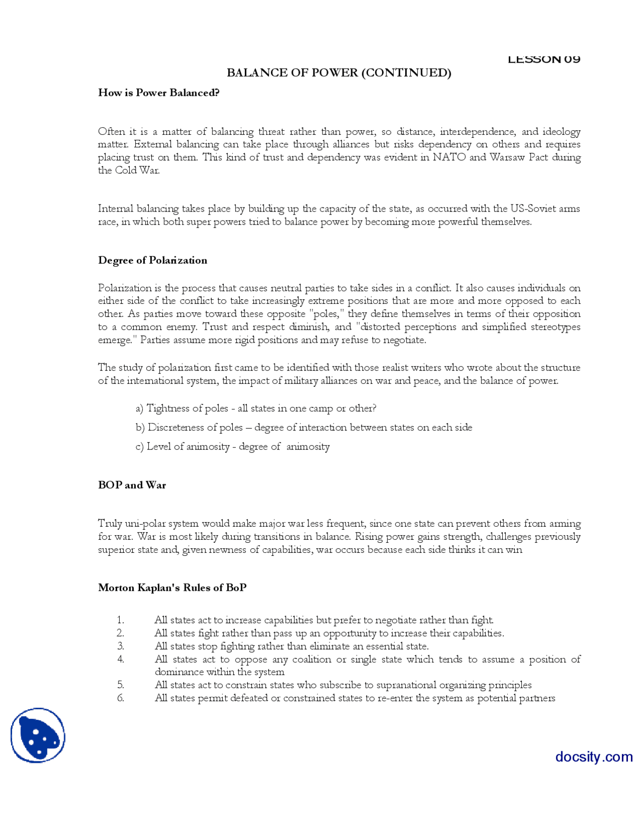 Balance of Power Lesson 9-International Relations-Lecture Handout - Docsity