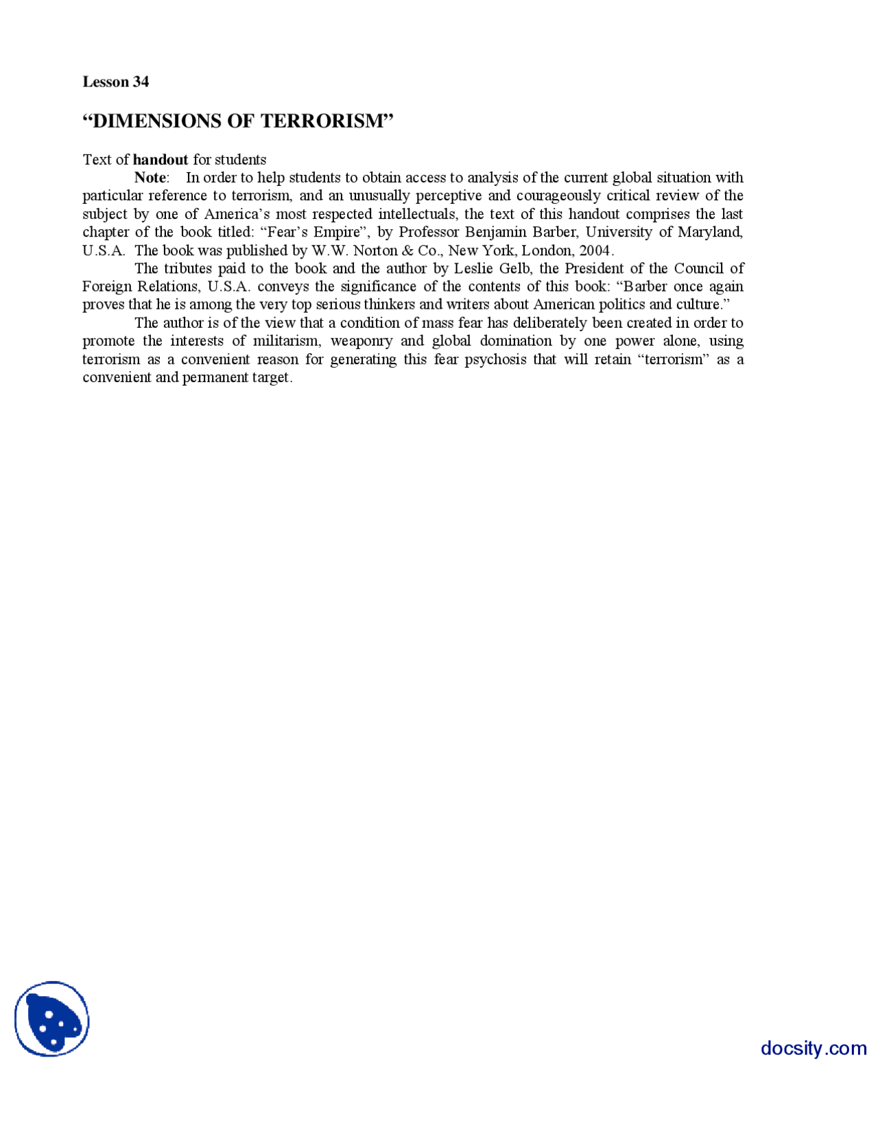 Dimension Of Terrorism Globalization Of Media Lecture Handout Docsity