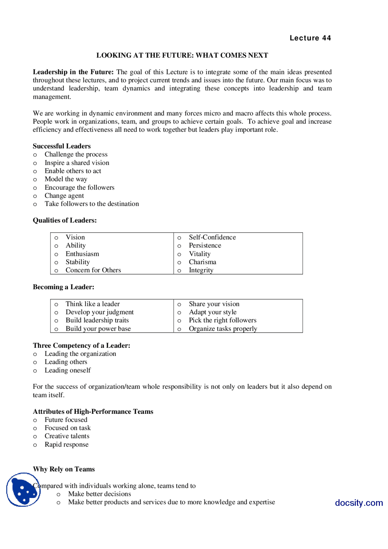 Looking At Future Leadership And Team Managment Lecture Handout Docsity