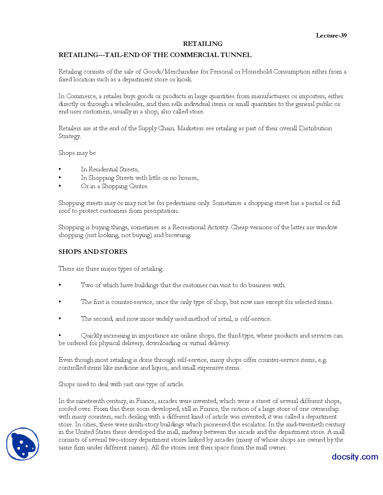 Retailing Marketing Managment Lecture Handout Docsity