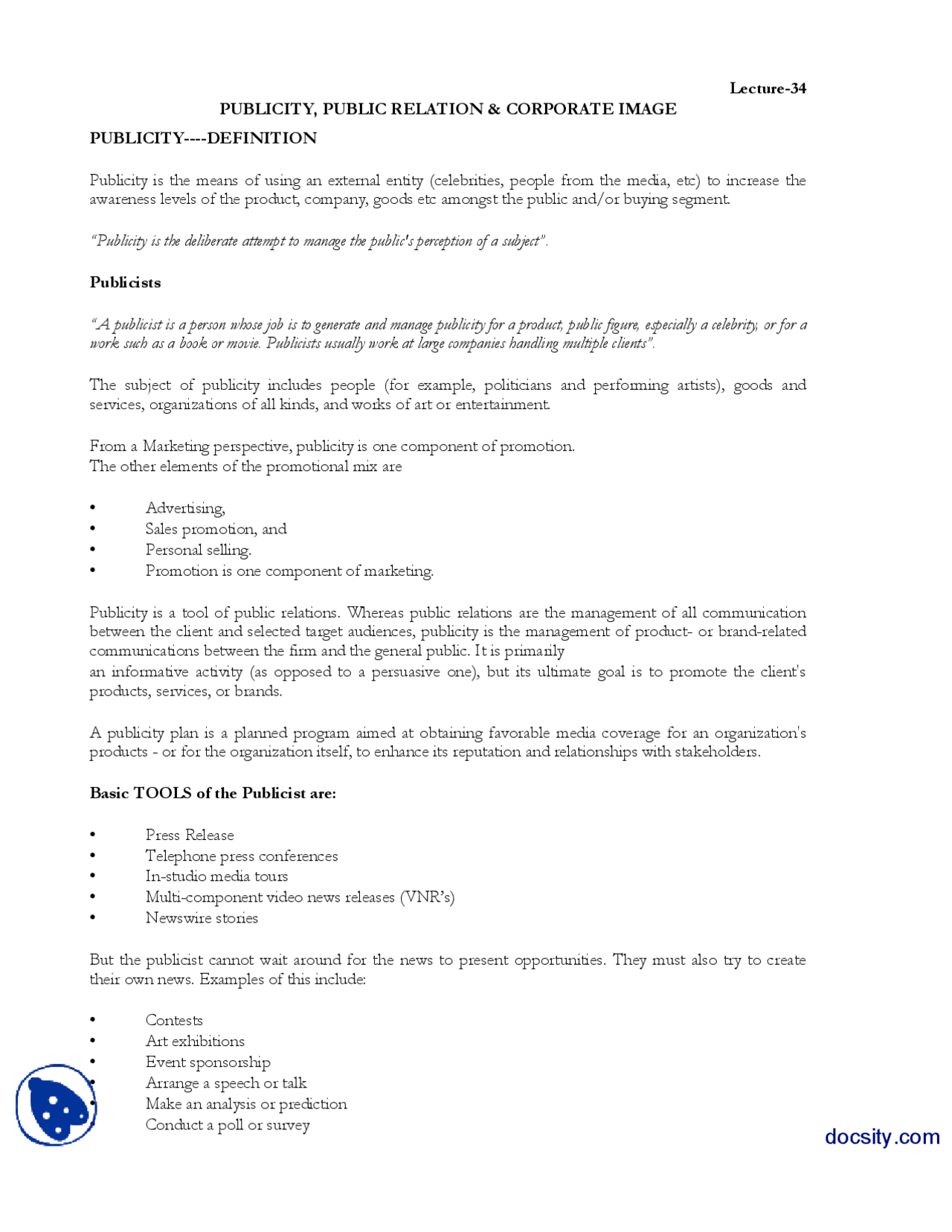 Publicity And Public Management Marketing Managment Lecture Handout