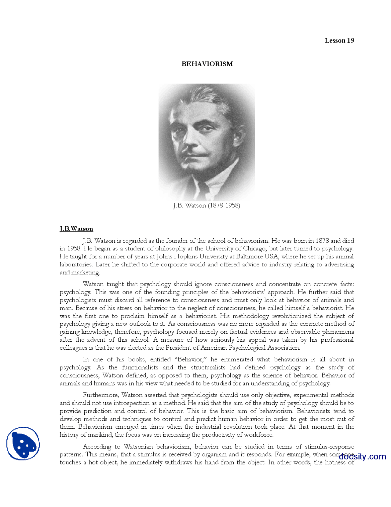 Behaviourism Part 3 History Of Psycology Lecture Handout Docsity