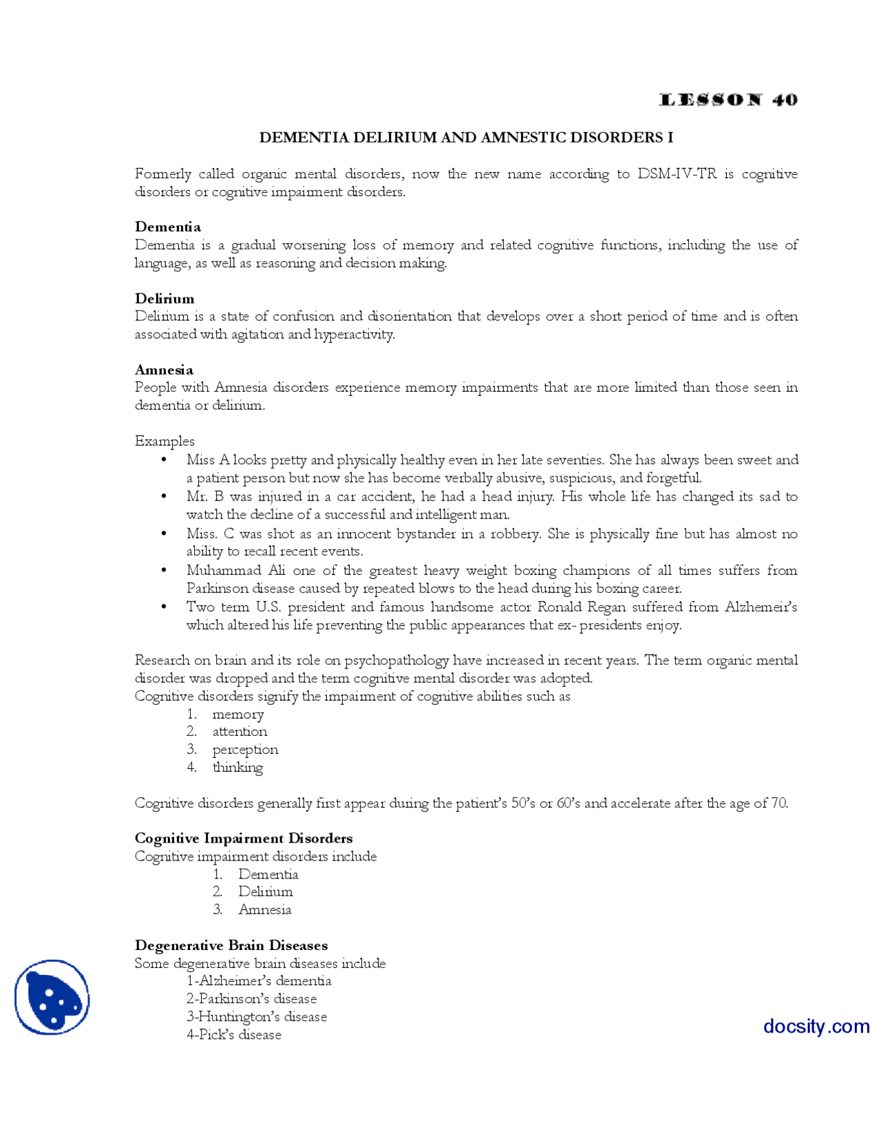 Amnestic Disorders Part 1 Abnormal Psycology Lecture Handout Docsity