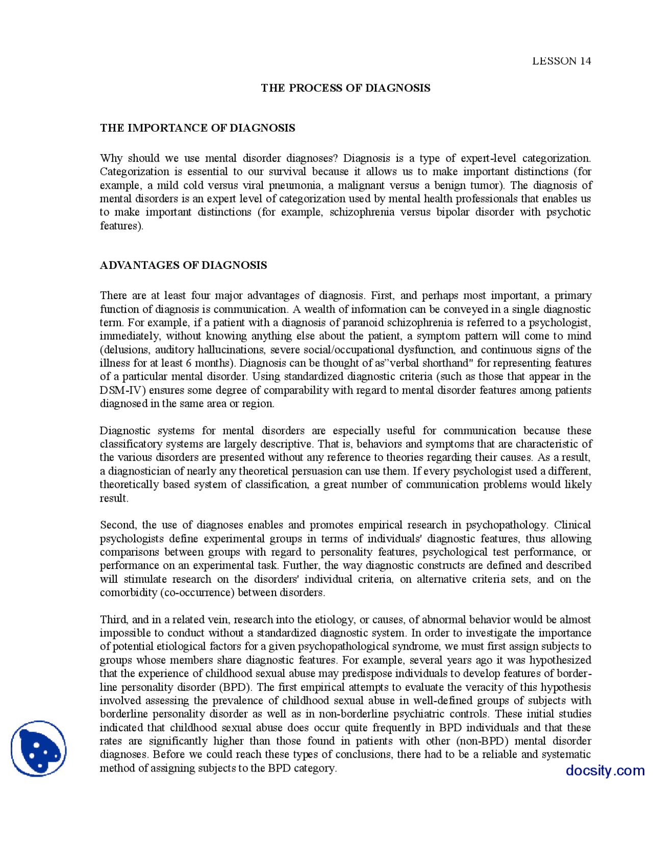 Diagnosis Clinical Psycology Lecture Handout Docsity