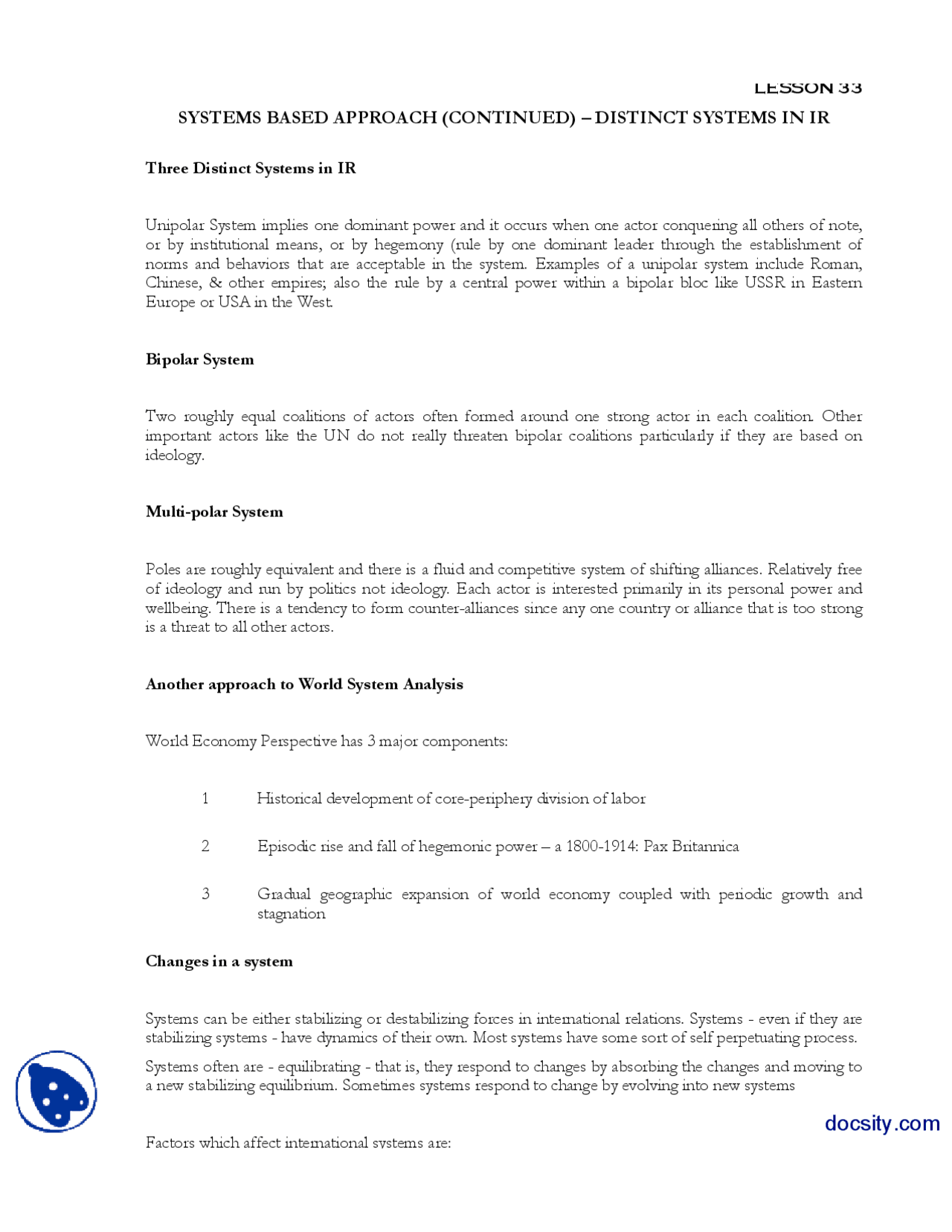 Disticnt System In Ir International Relations Lecture Handout