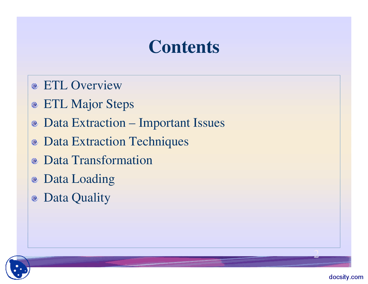 Etl Data Warehouse Lecture Slides Slides Data Warehousing Docsity