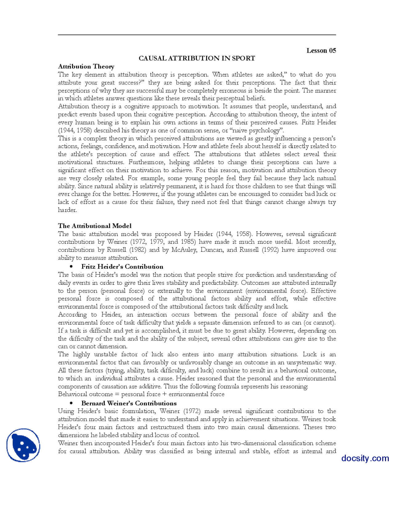 Attribution Theory-Sports Psycology-Lecture Handout | Exercises Sports ...