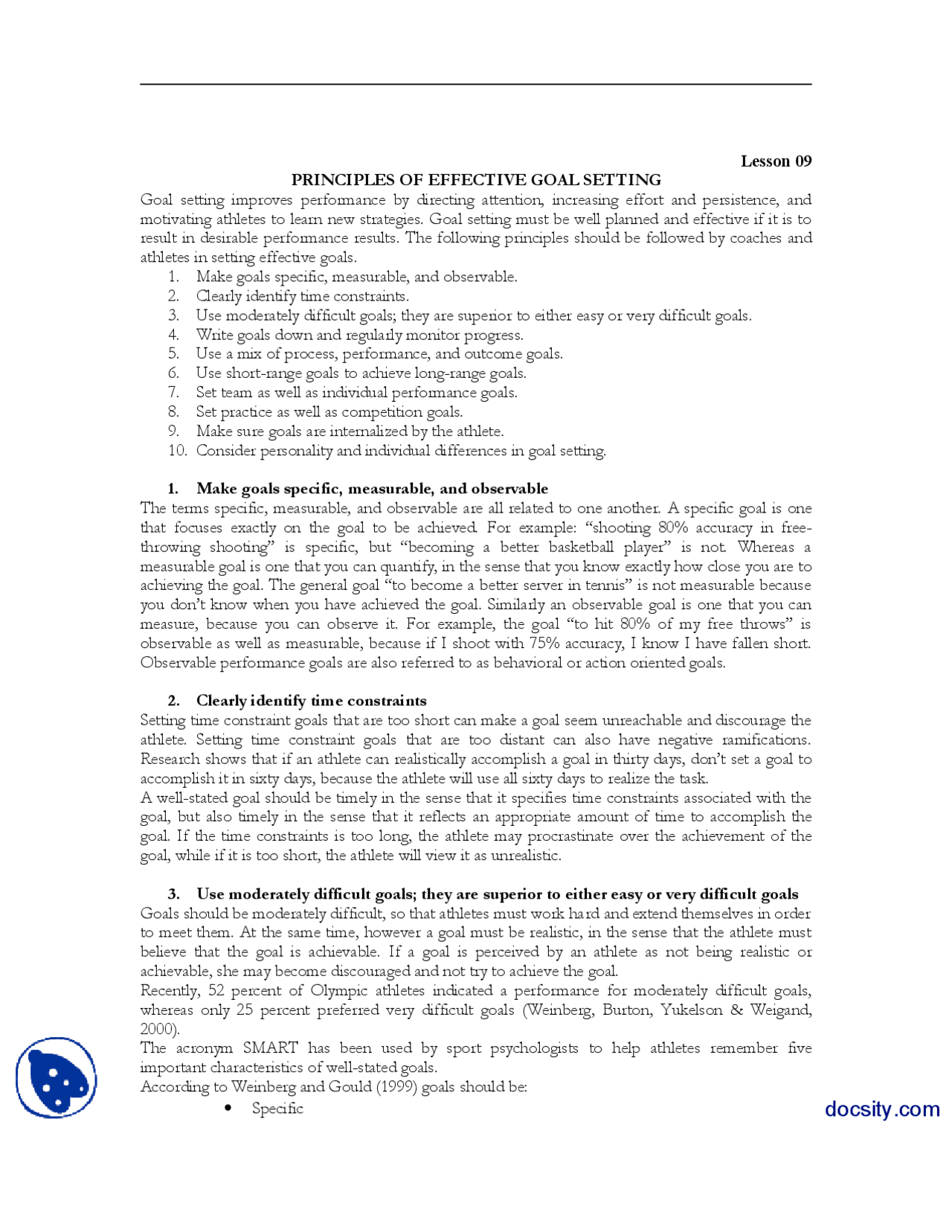 Goal Setting Sports Psycology Lecture Handout Docsity