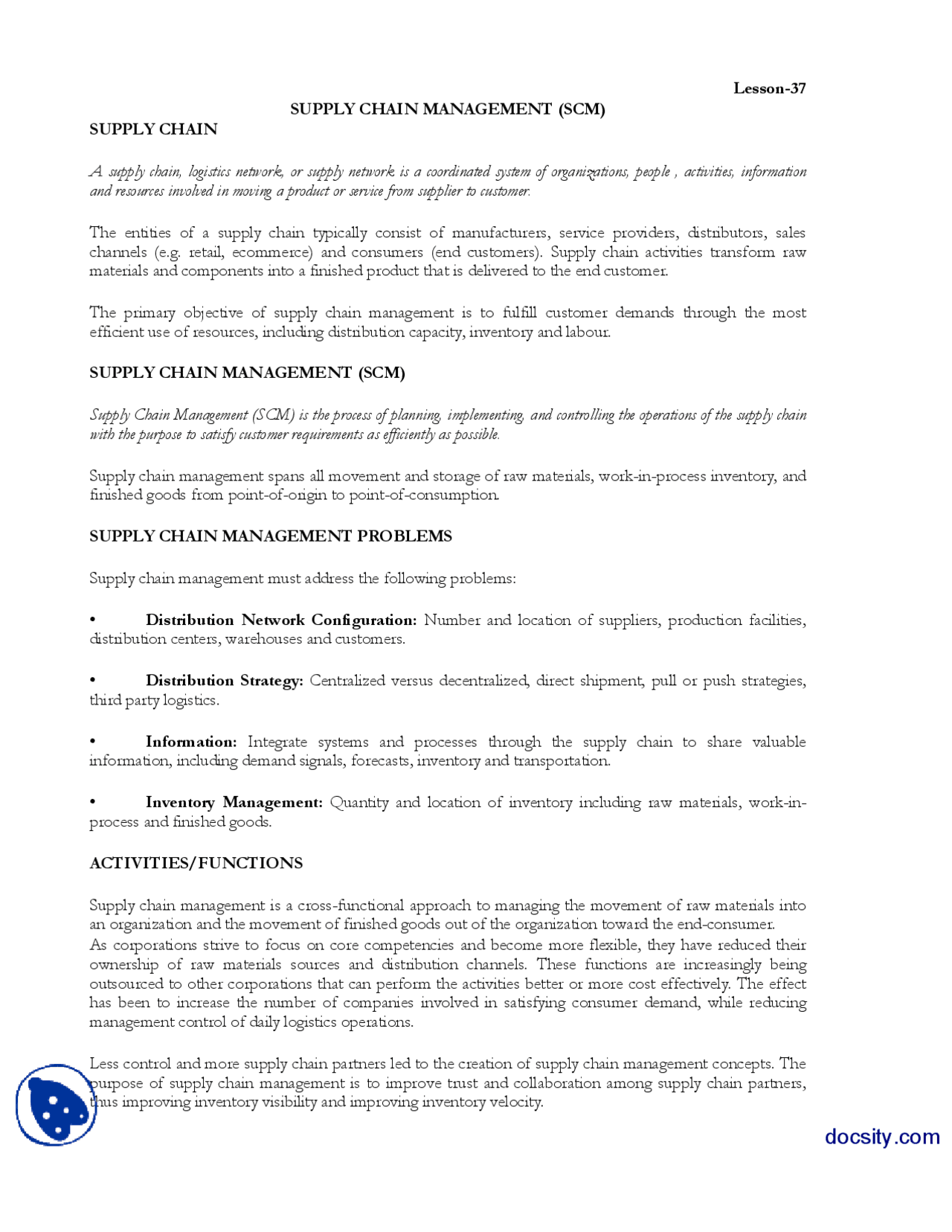 Supply Chain Management Marketing Managment Lecture Handout Exercises