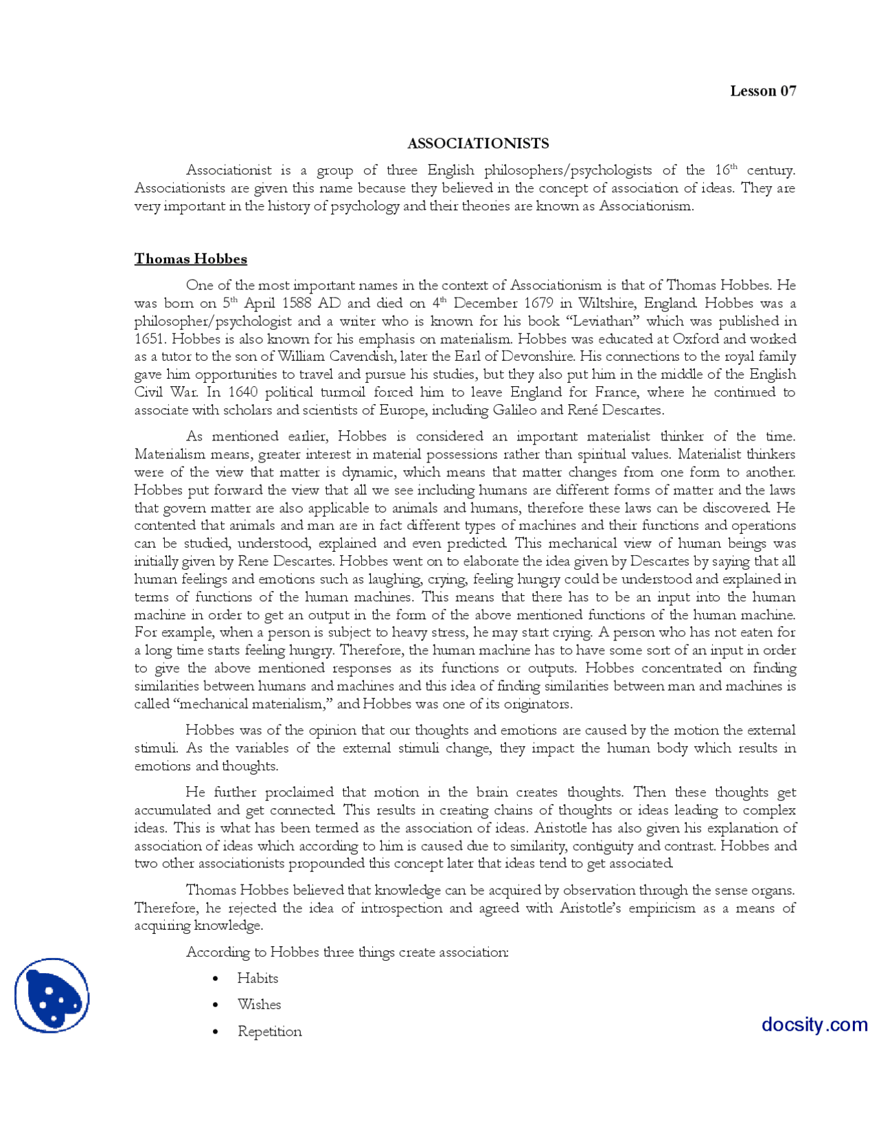 Thomas Hobbes History Of Psycology Lecture Handout Docsity