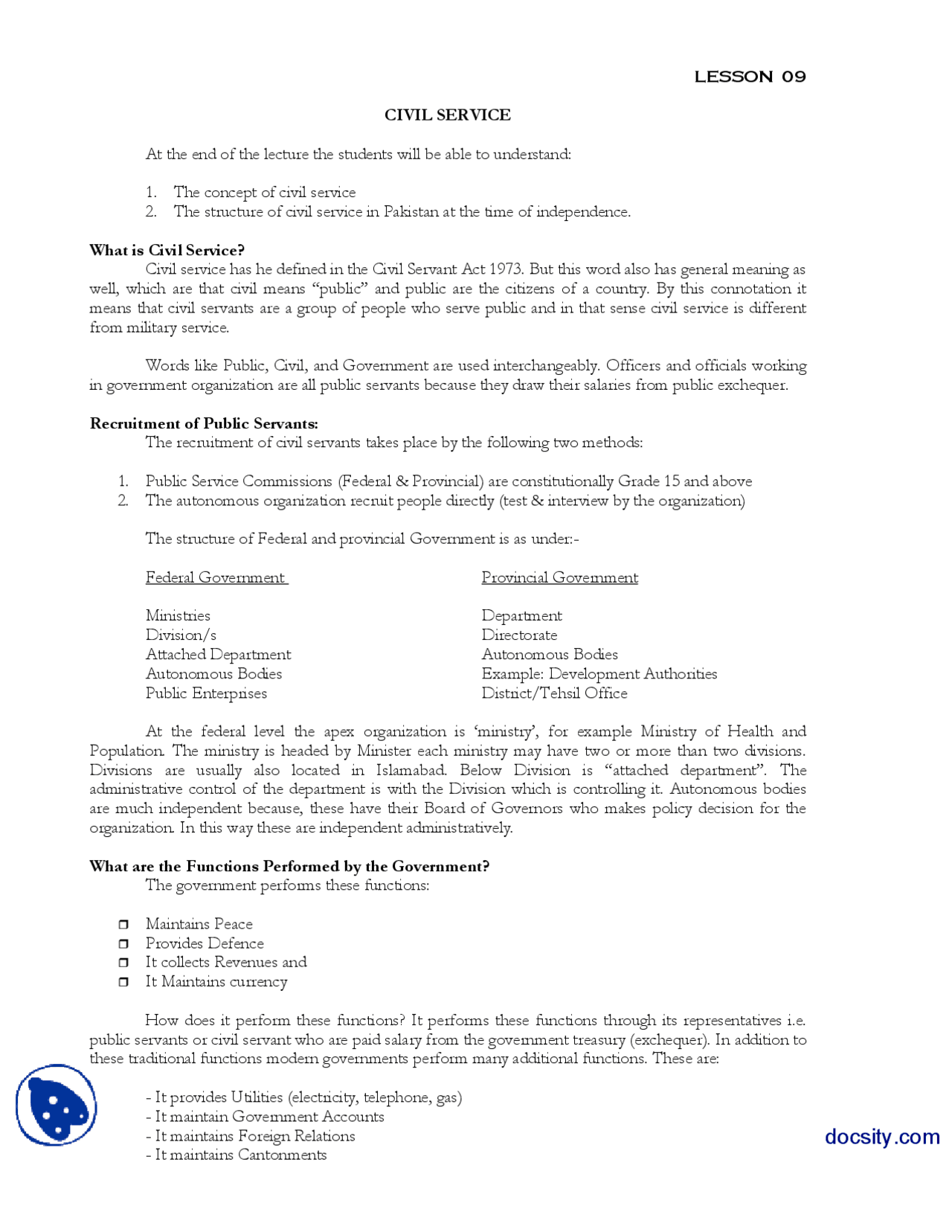 Civil Service Introduction To Public Administration Lecture Handout