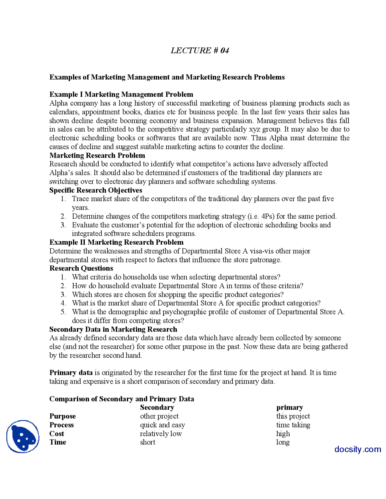 Marketing Research Problems Marketing Research Lecture Handout Docsity