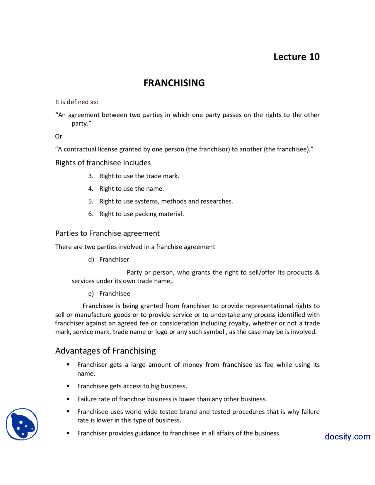 Franchising Introduction To Business Lecture Handout Docsity