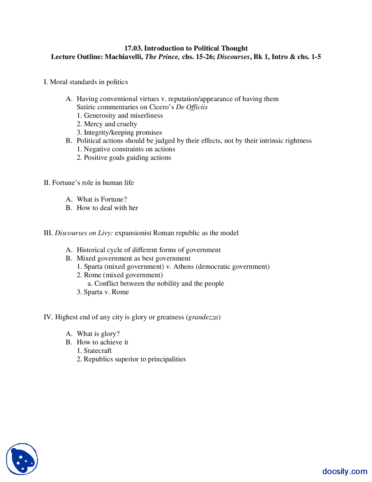 Machiavelli The Prince Part 2 Political Philosophy Lecture Handout