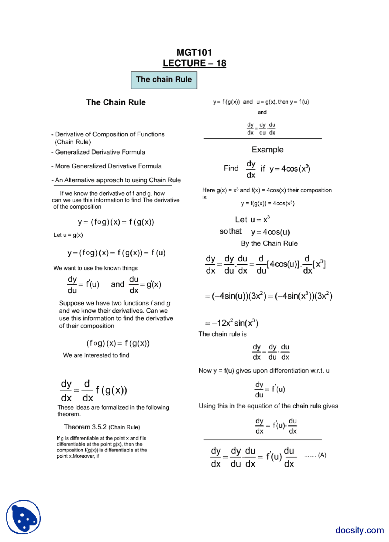 The Chain Rule-General Mathematics-Lecture Handout - Docsity