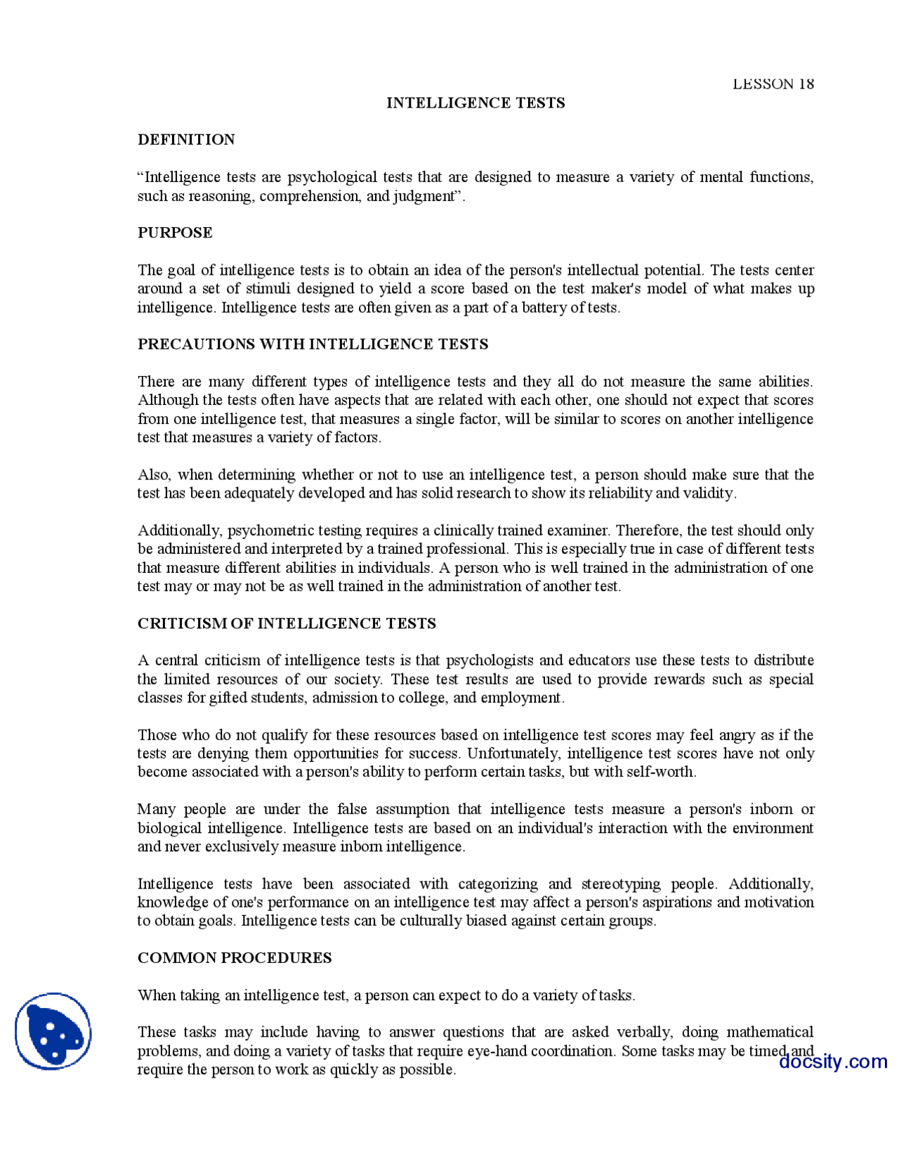 Intelligence Tests Clinical Psycology Lecture Handout Docsity
