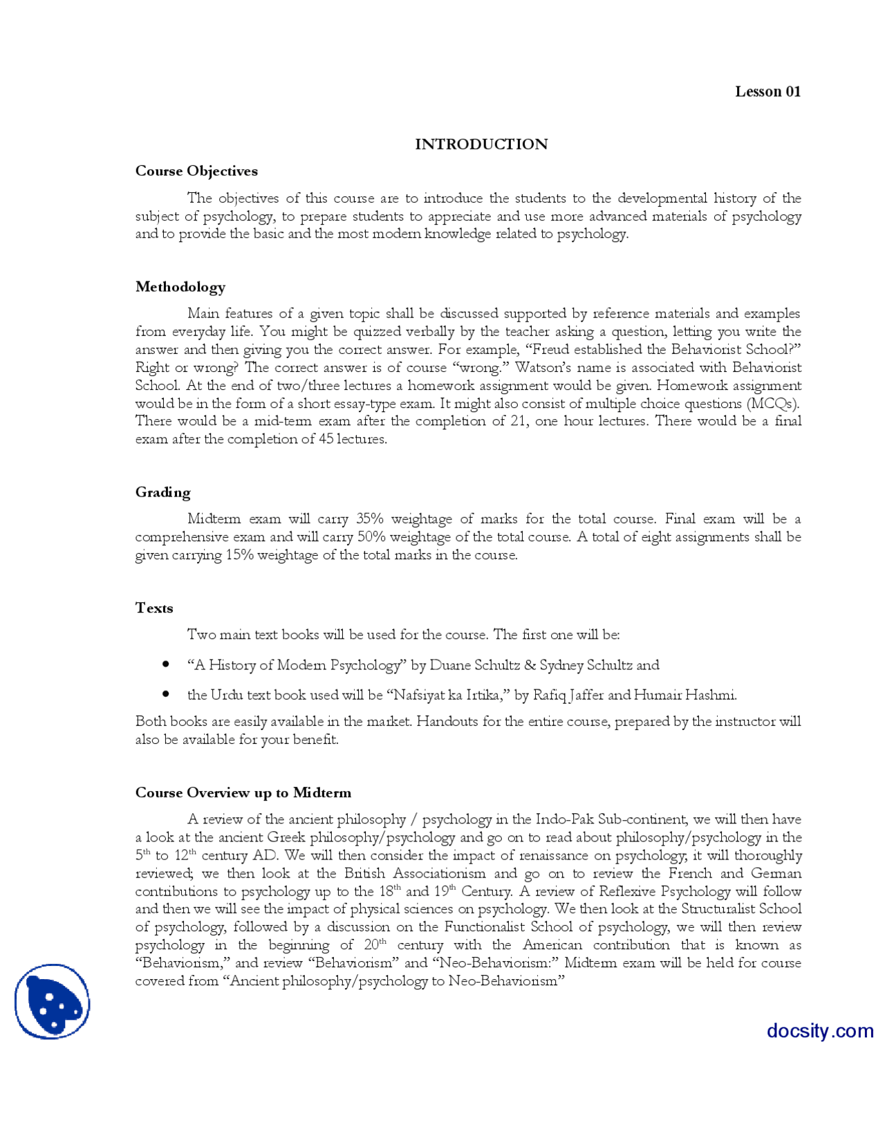 Course Objectives History Of Psycology Lecture Handout Docsity