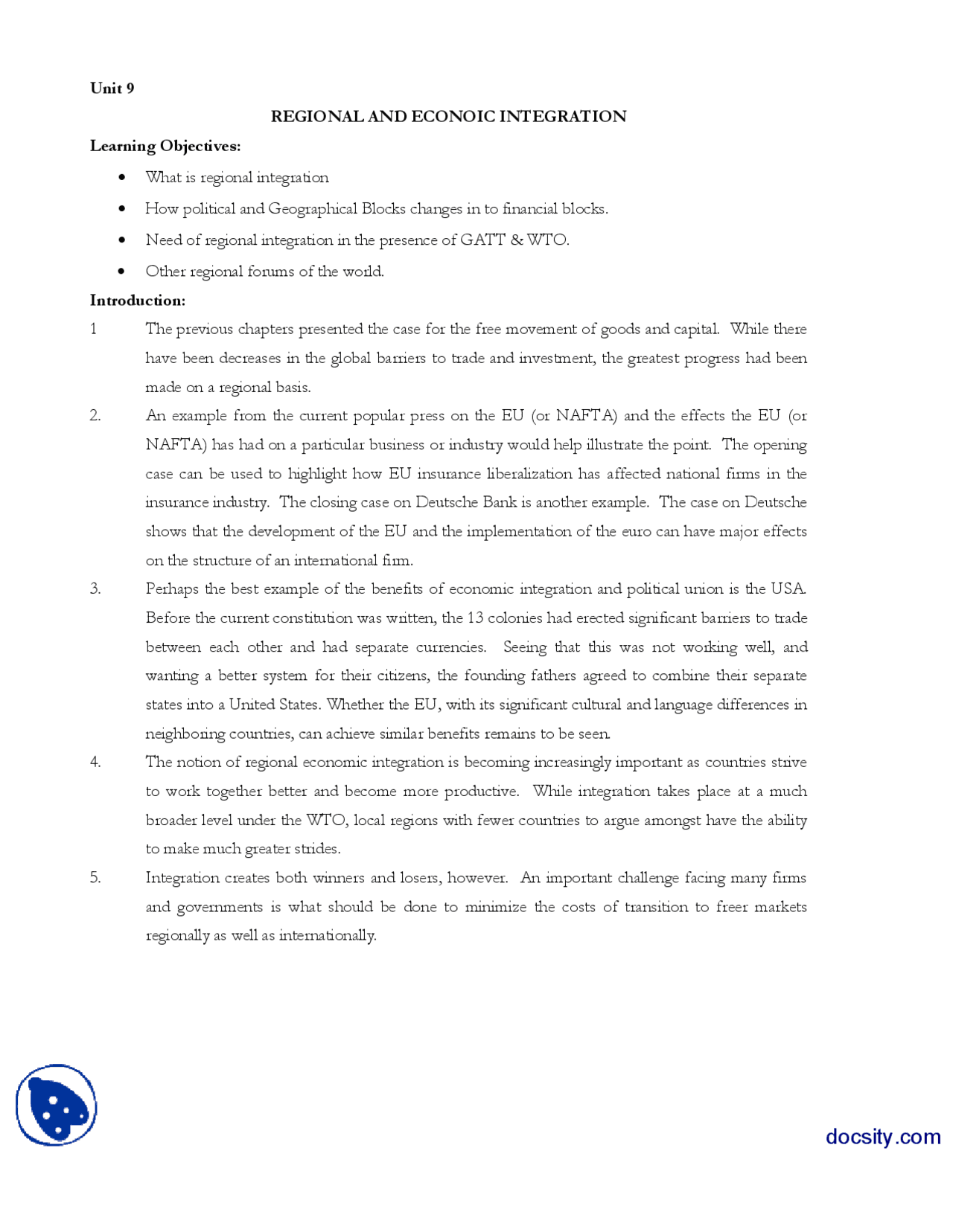 Reginal and Economic Integration-International Business-Lecture Handout - Docsity