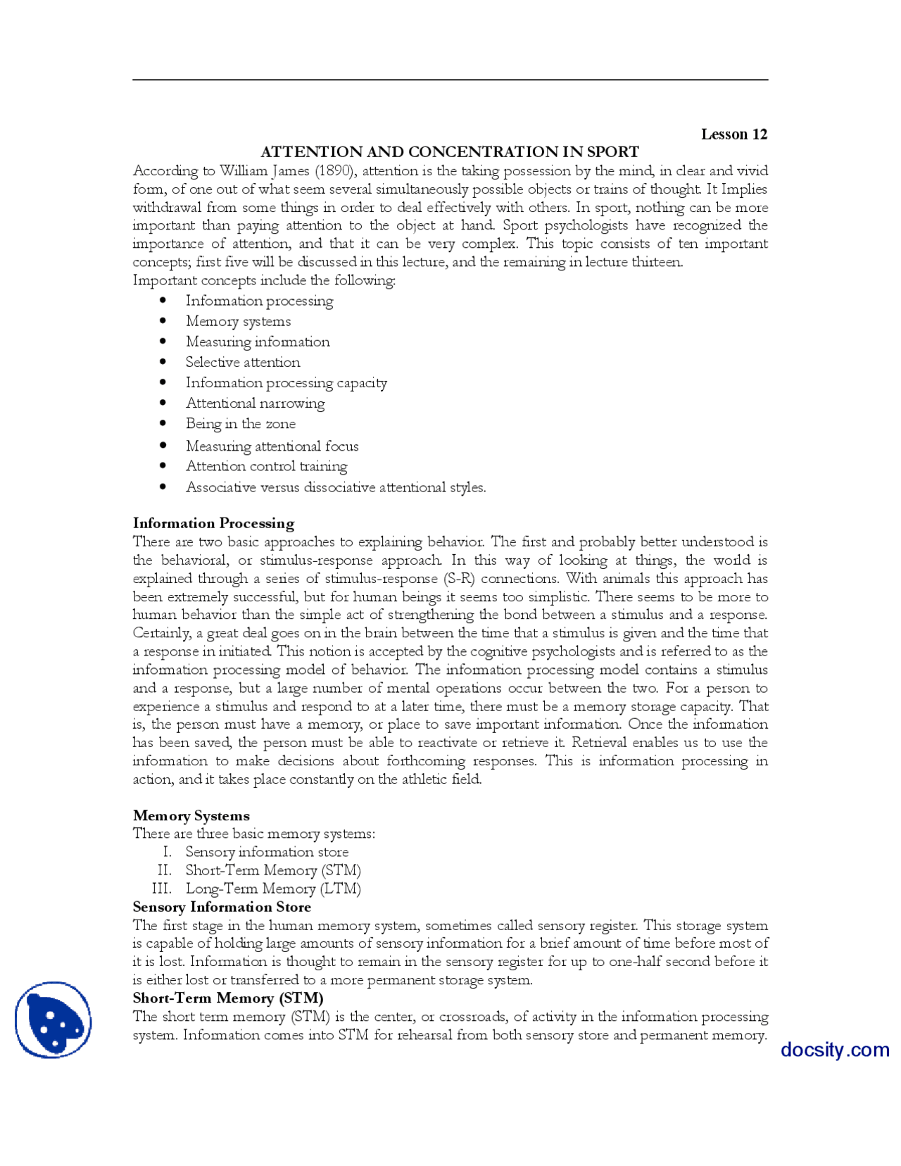 Information Processing-Sports Psycology-Lecture Handout - Docsity