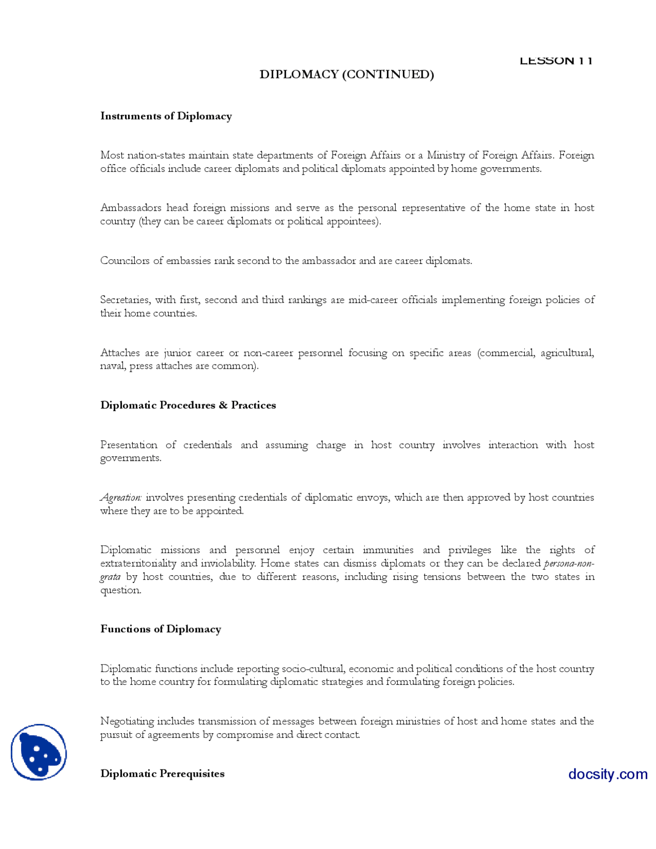 Diplomacy Lesson 11 International Relations Lecture Handout Docsity