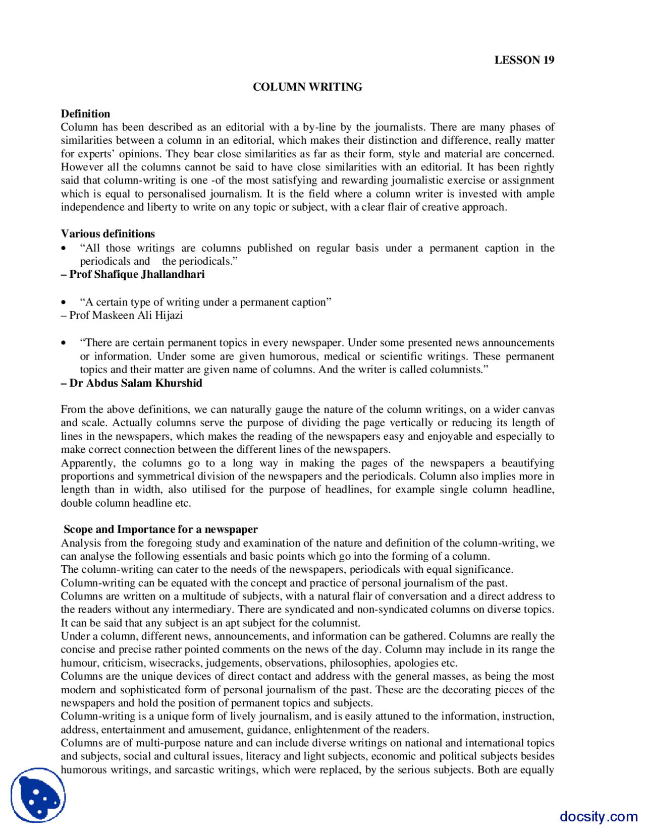 Column Writing Feature And Coloumn Writing Lecture Handout Docsity
