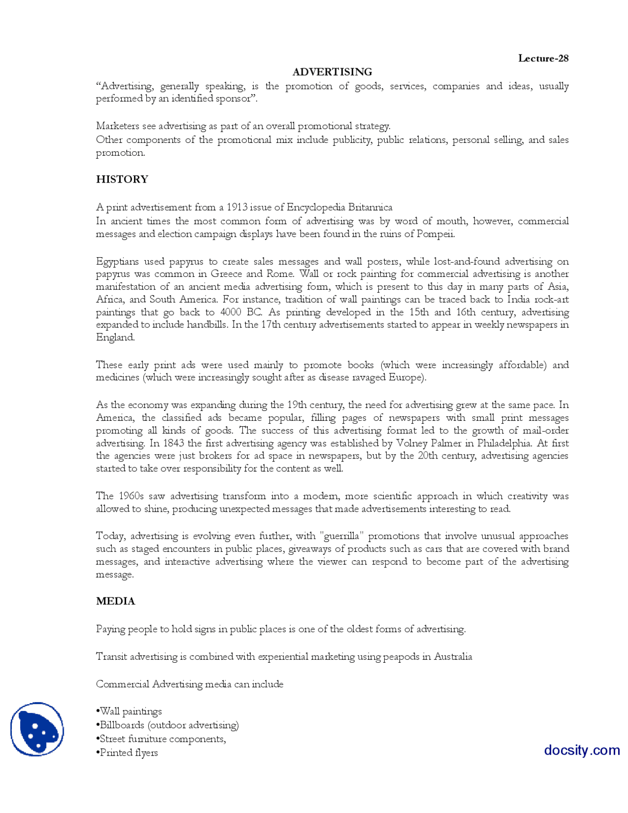 Advertising Marketing Managment Lecture Handout Docsity