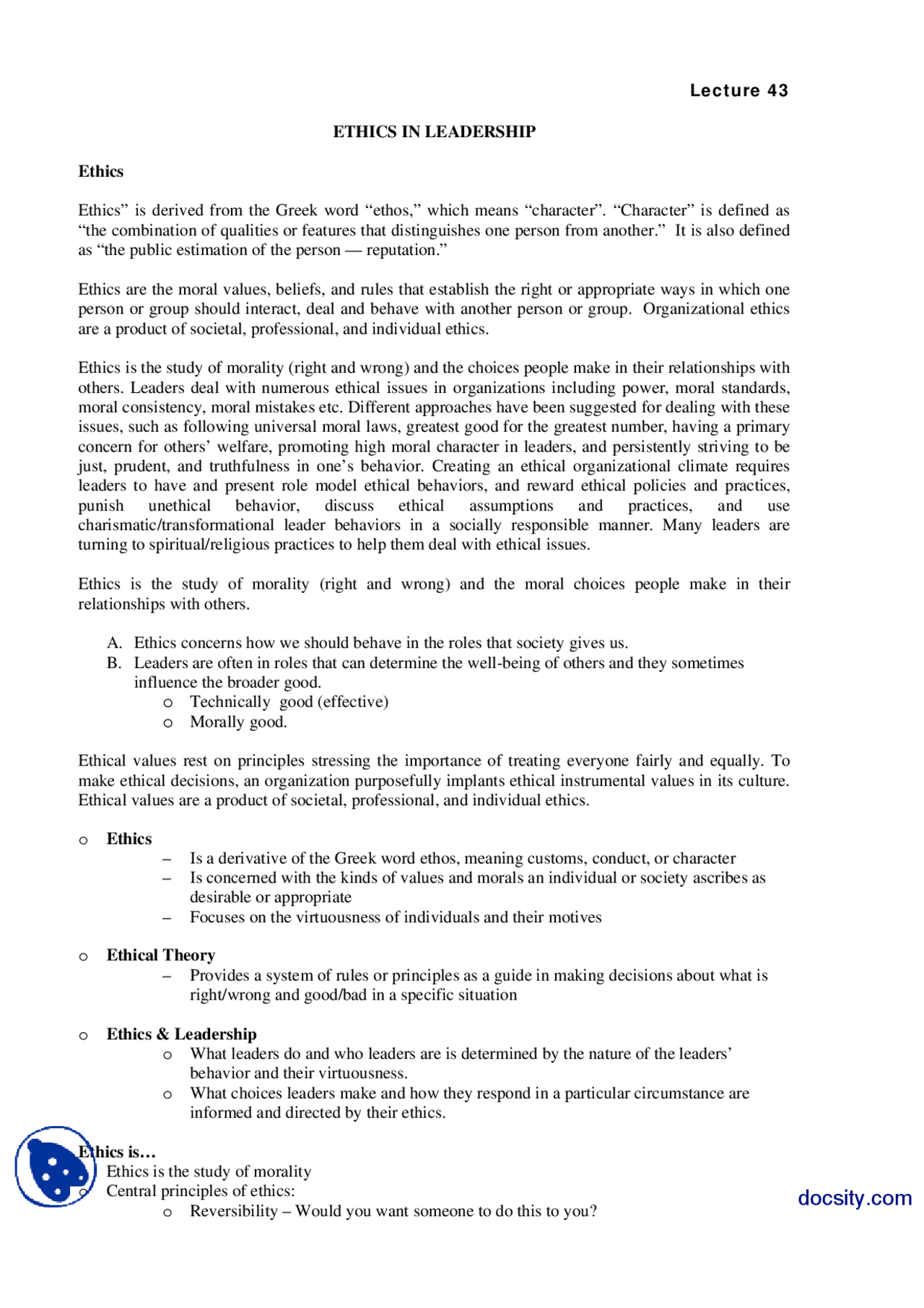 Ethics in Leadership-Leadership and Team Managment-Lecture Handout ...