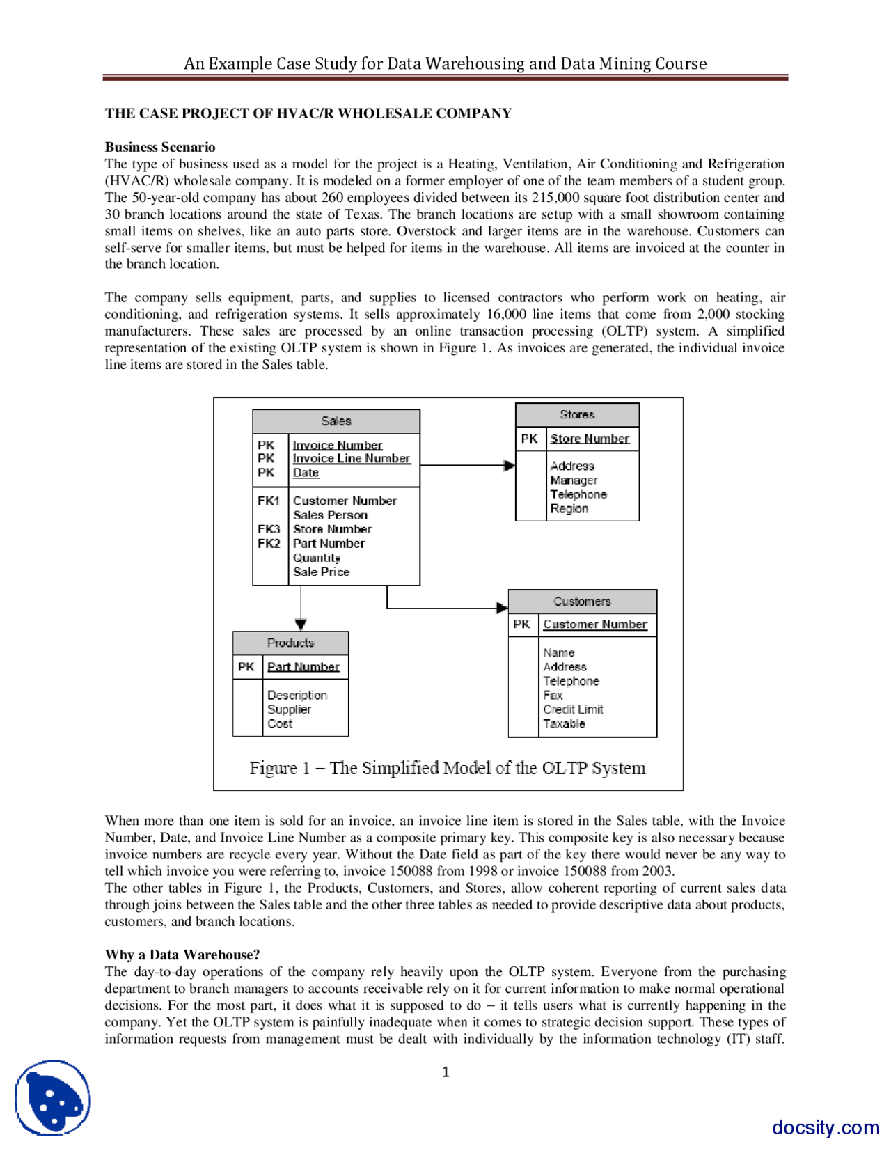 The Case Project Data Warehouse Lecture Handout Docsity