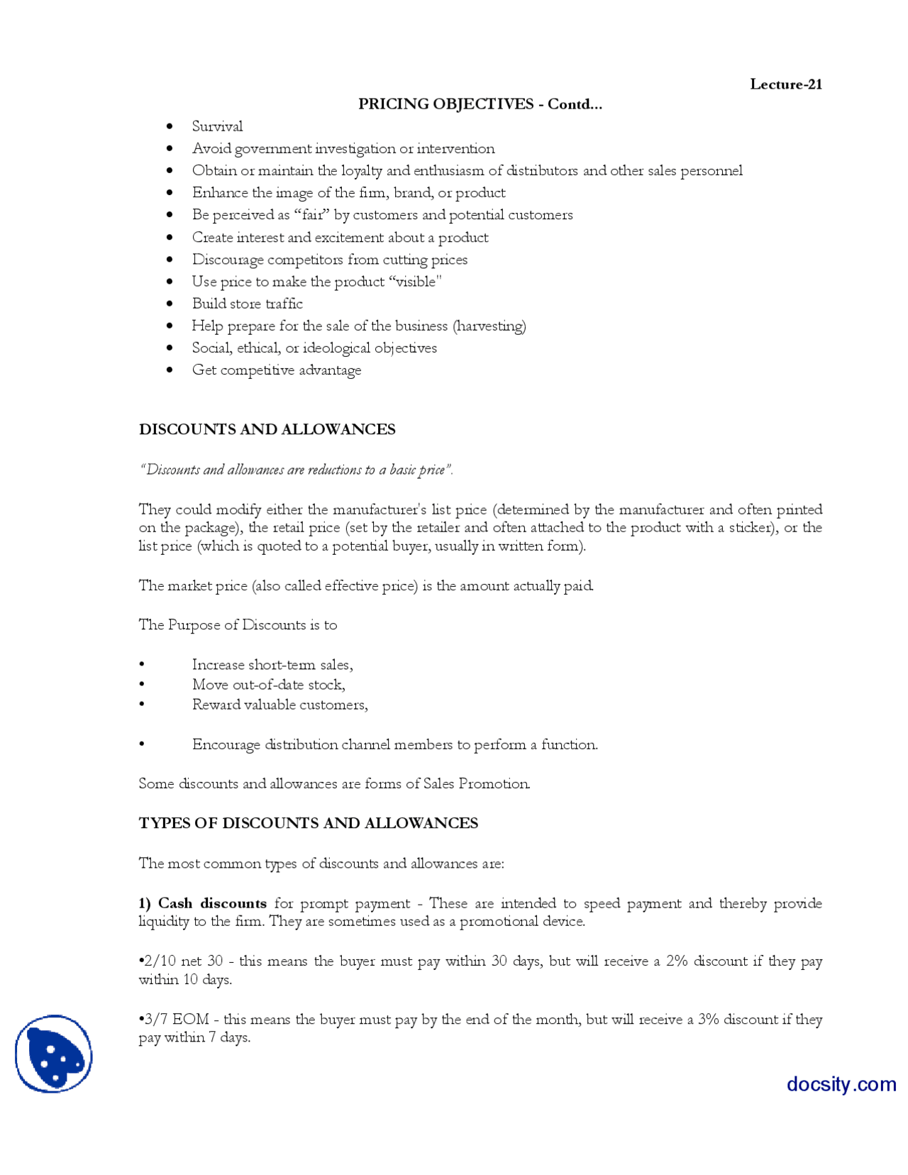 Pricing Objectives Part2 Marketing Managment Lecture Handout Docsity