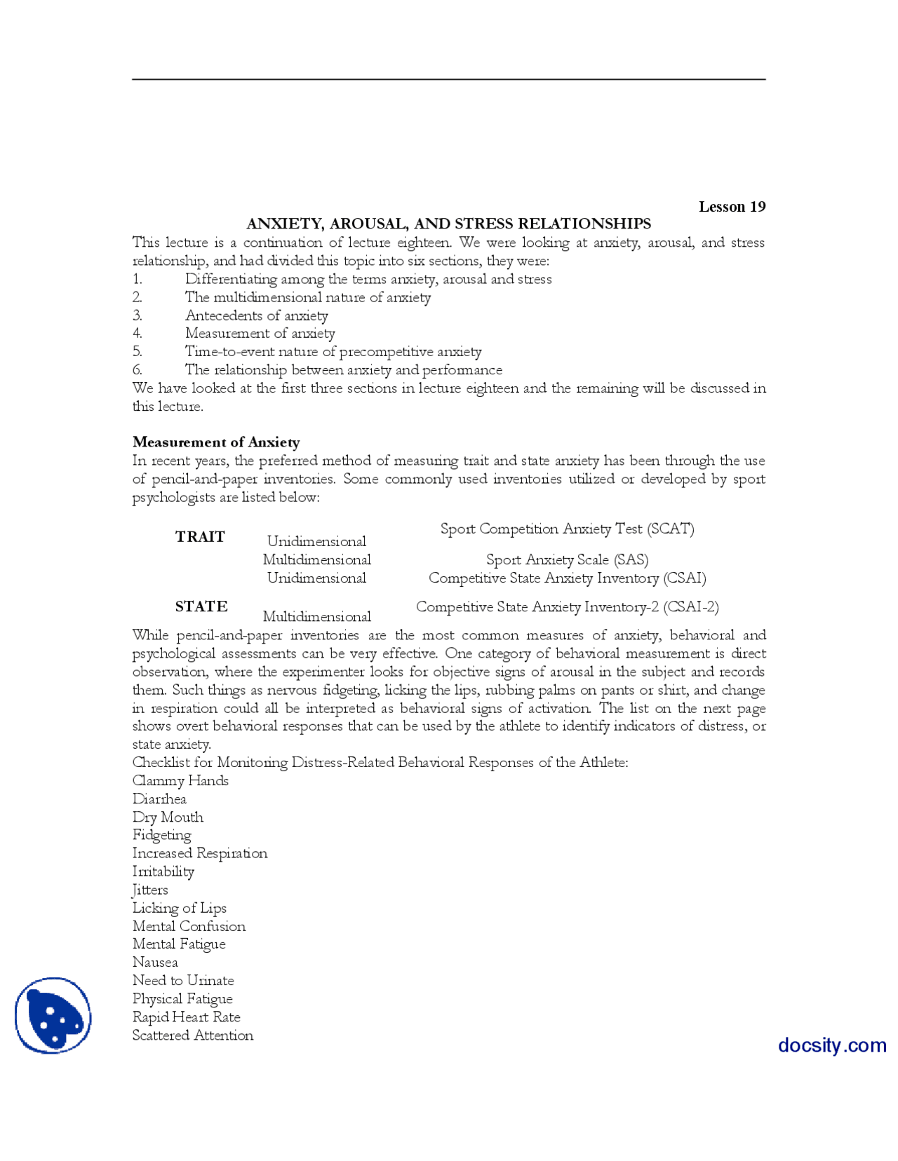 Measurement Of Anxiety Sports Psycology Lecture Handout Docsity