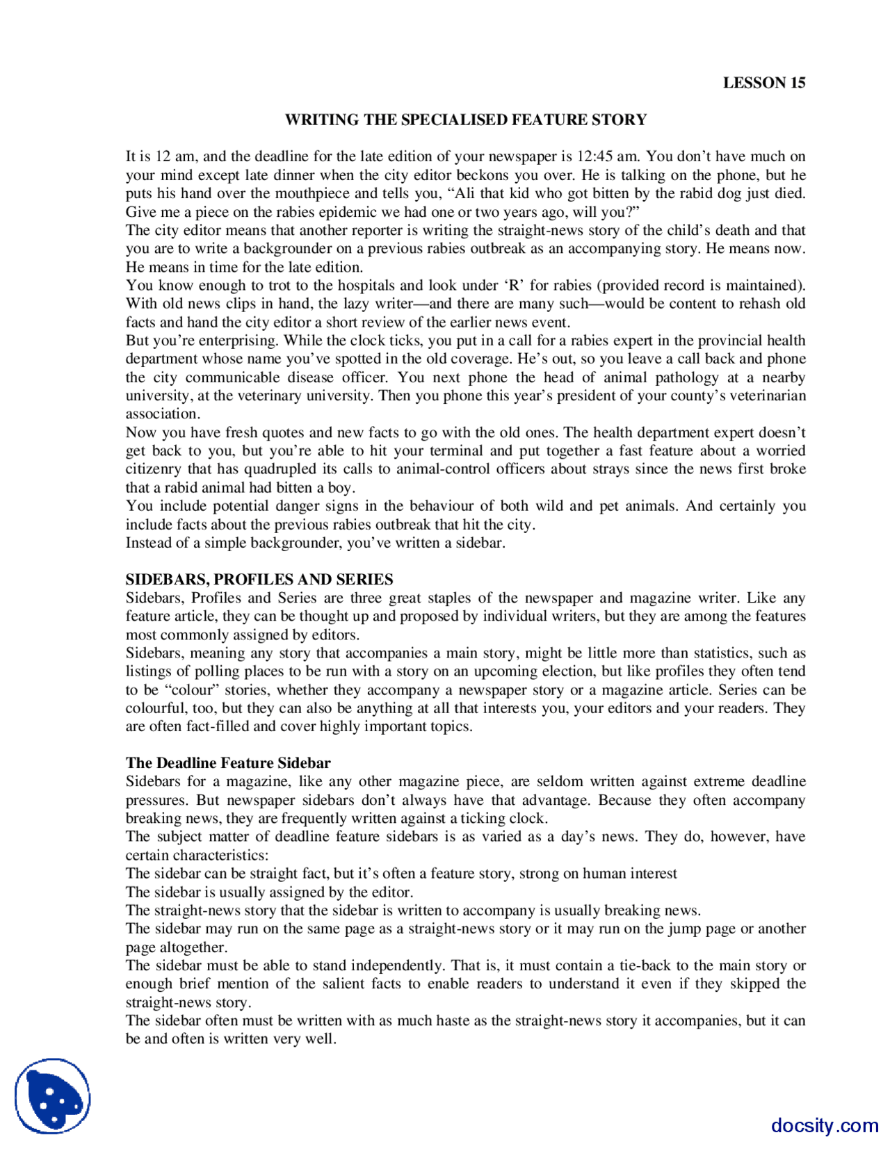 Specialized Feature Story Feature And Coloumn Writing Lecture Handout