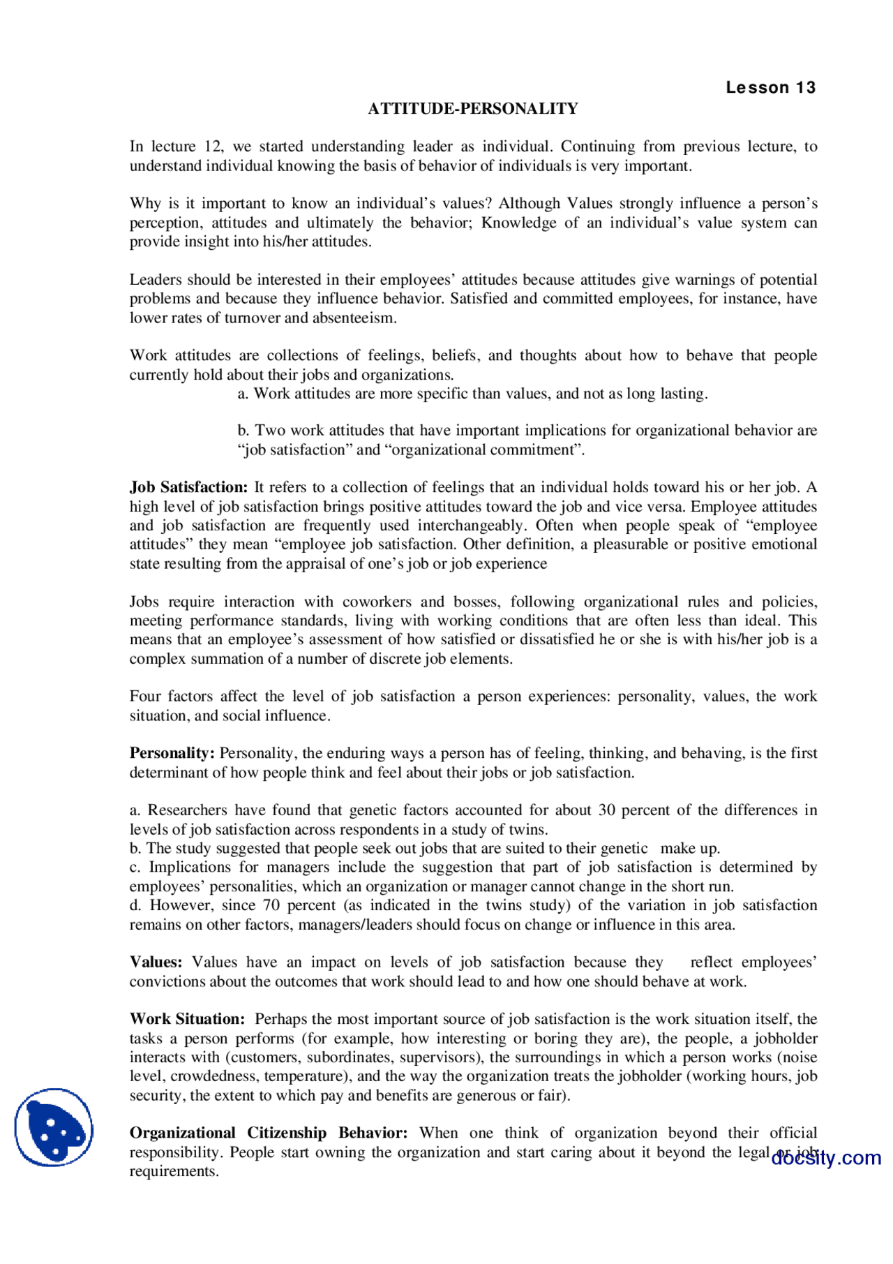 Attitude Personality Leadership And Team Managment Lecture Handout