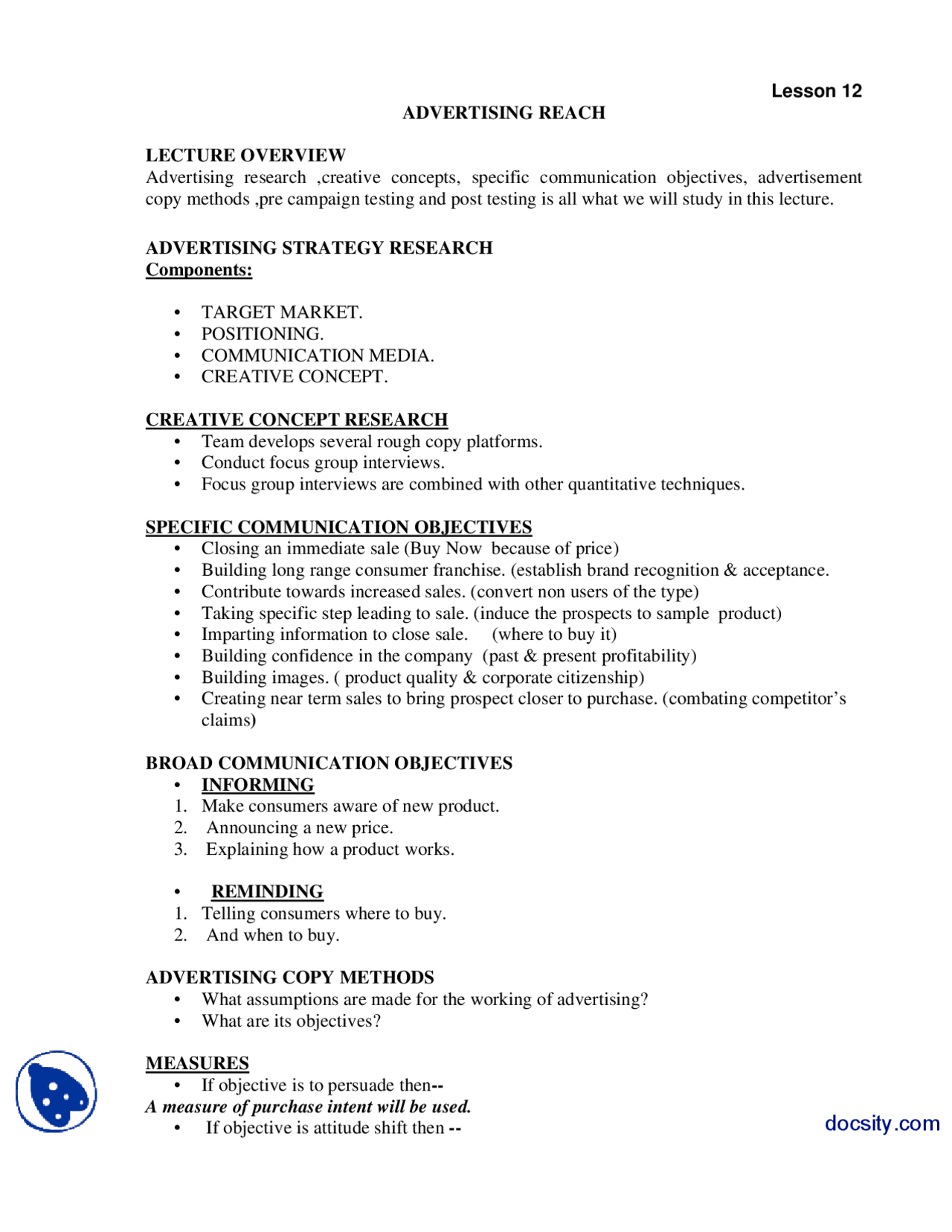 Advertizing Reach Advertising And Promotion Lecture Handout Docsity