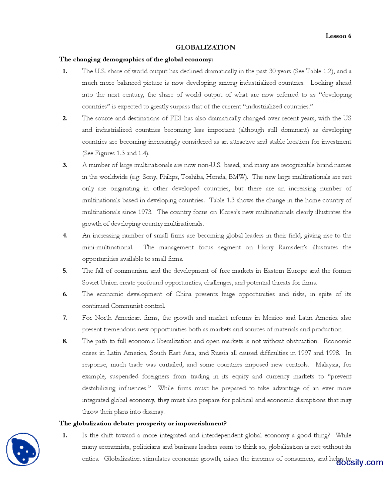 Globalization Lesson 6 International Business Lecture Handout